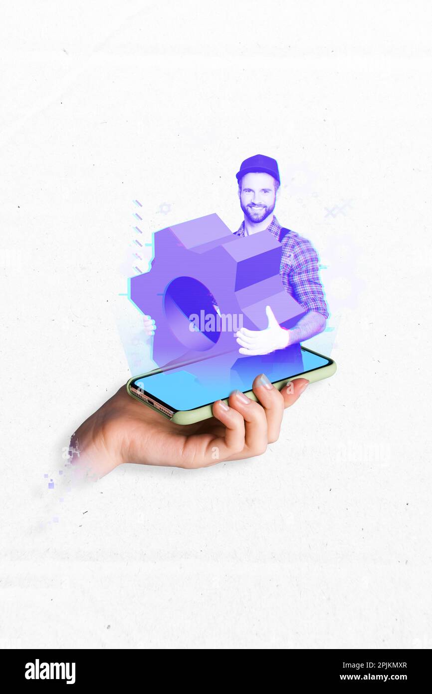 Collage of young mechanic worker google assistant wear uniform hold ...