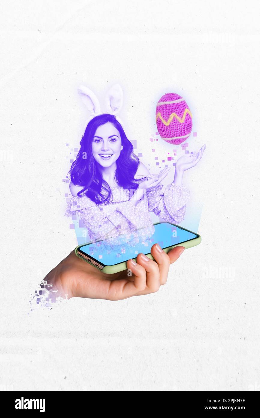 Hologram collage projection apple iphone display young girl blogger ...