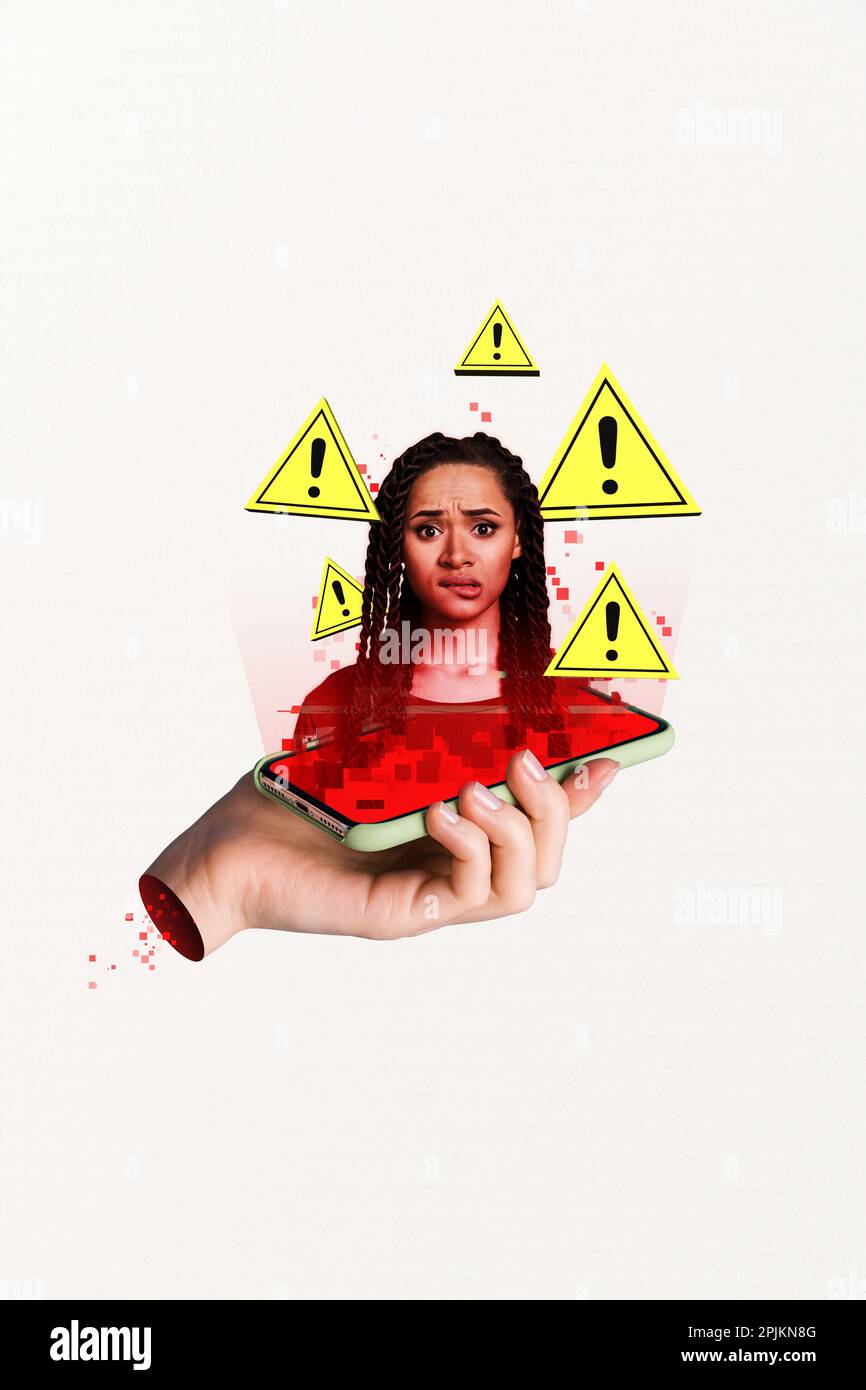 Photo collage of young nervous panic girl avatar smartphone display ...
