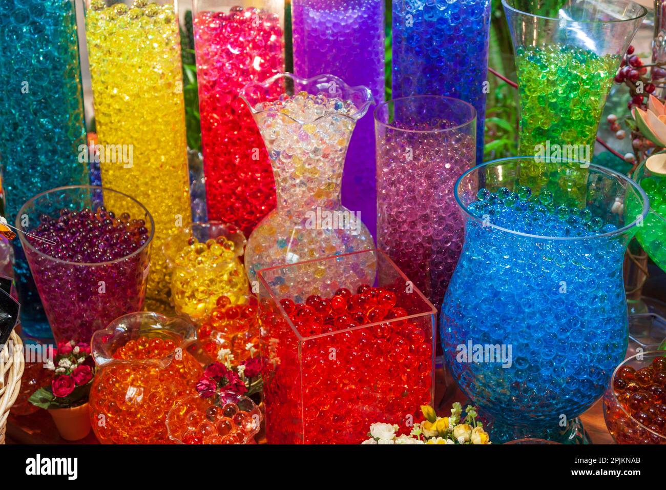 Kuala Lumpur, West Malaysia. Display of decorative colored marbles ...