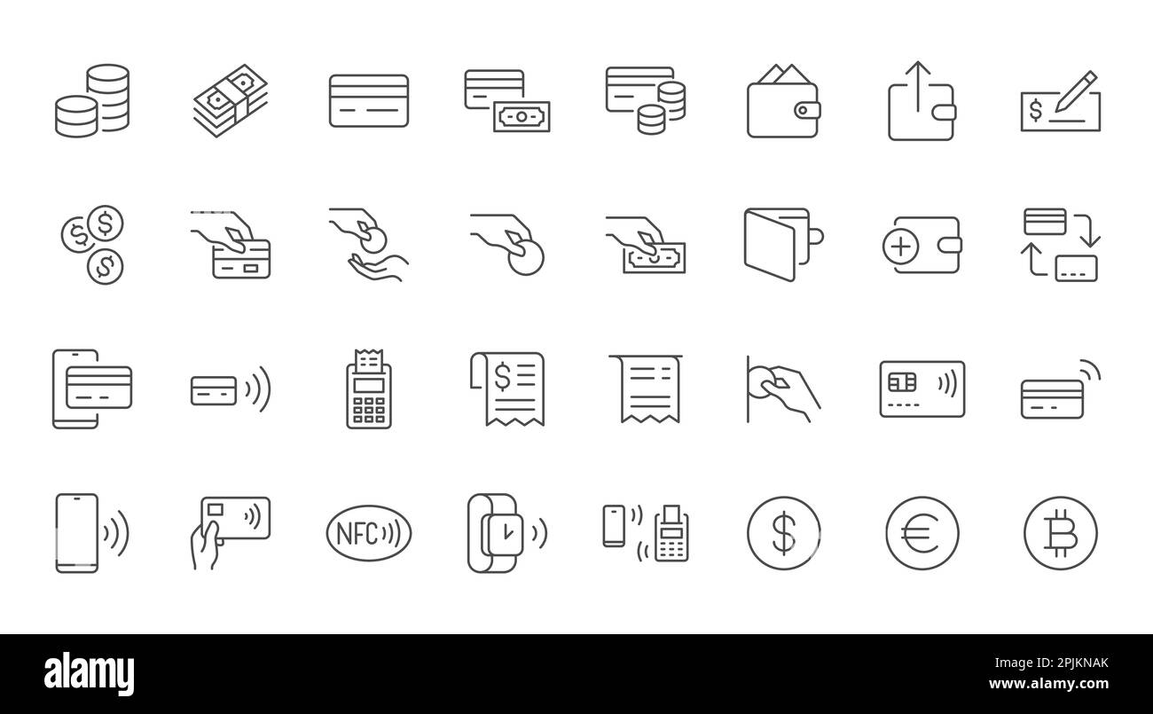 Payment line icons set. Cash money, coins in hand, credit card, wallet ...