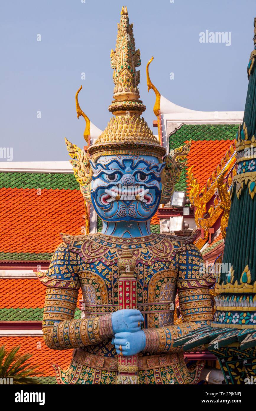 Thailand, Bangkok. Yaksha, demon depicted in the Ramayana, guarding Wat ...