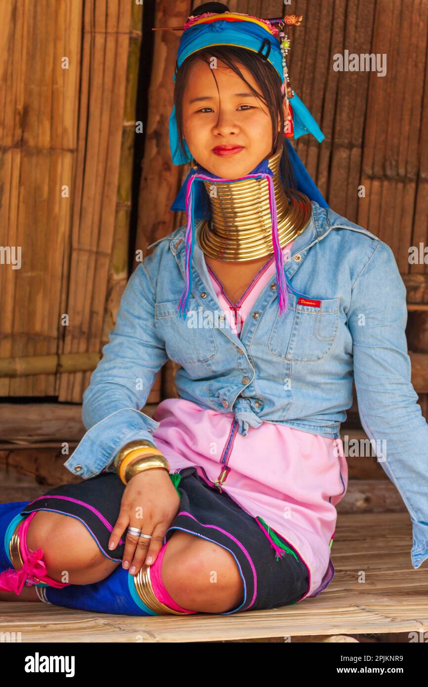 Chiang Mai, Thailand. A woman from the Padaung tribe wearing ...