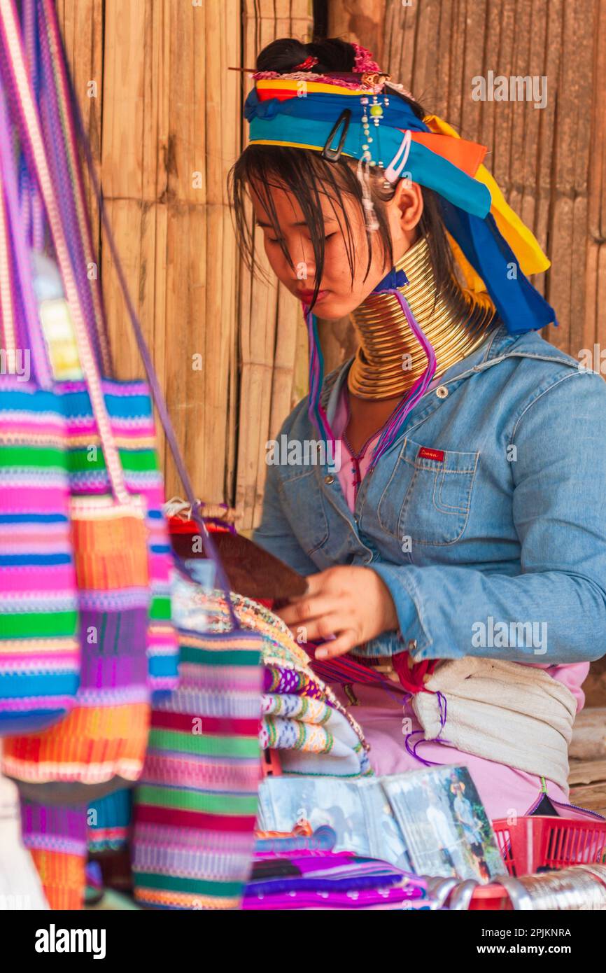 Chiang Mai, Thailand. A woman from the Padaung tribe wearing ...
