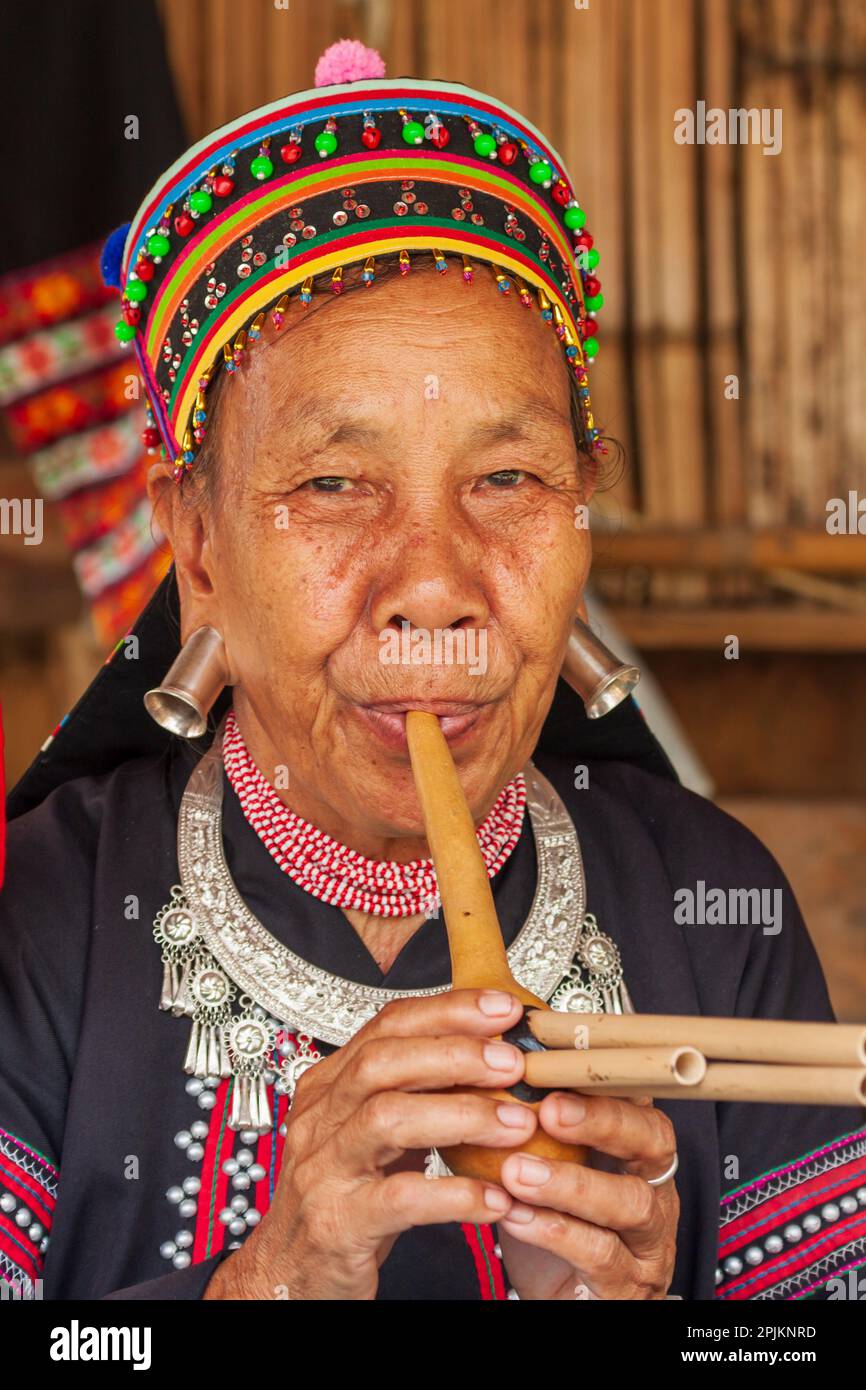 Chiang Mai, Thailand. Woman of the Palong tribe playing a traditional ...