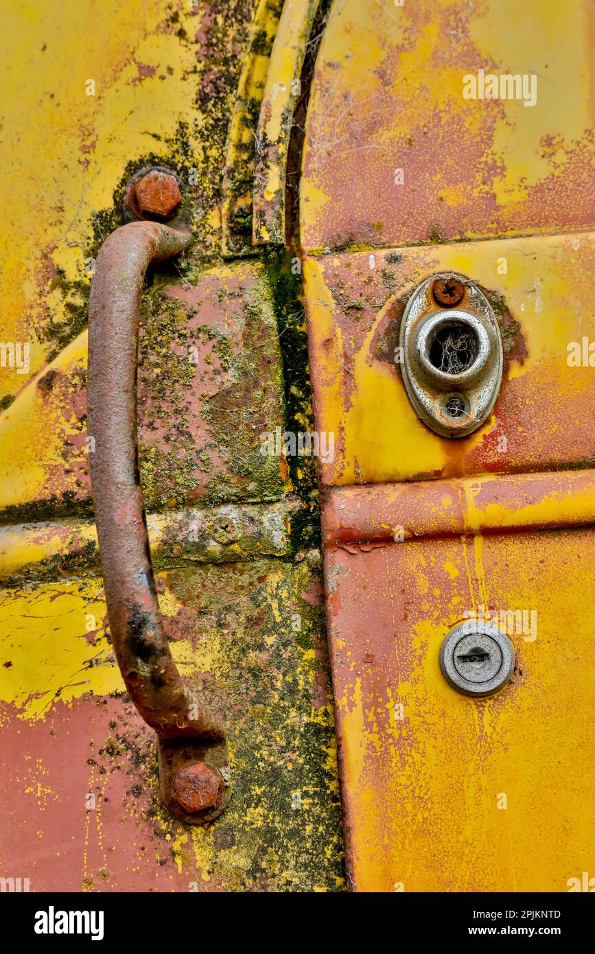 USA, Oregon, Tillamook. Close-up of old and rusted truck door handle ...