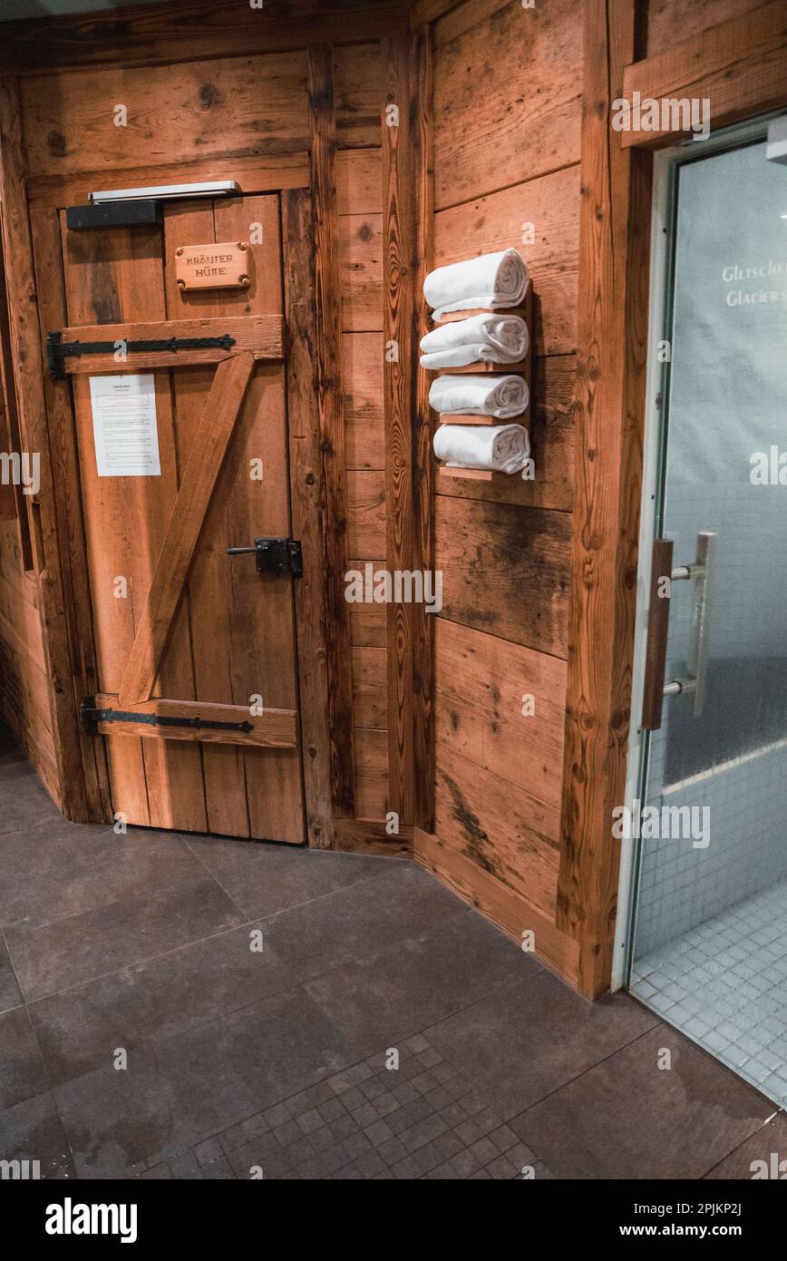 Closed wooden and glass doors in luxury hotel SPA Stock Photo - Alamy