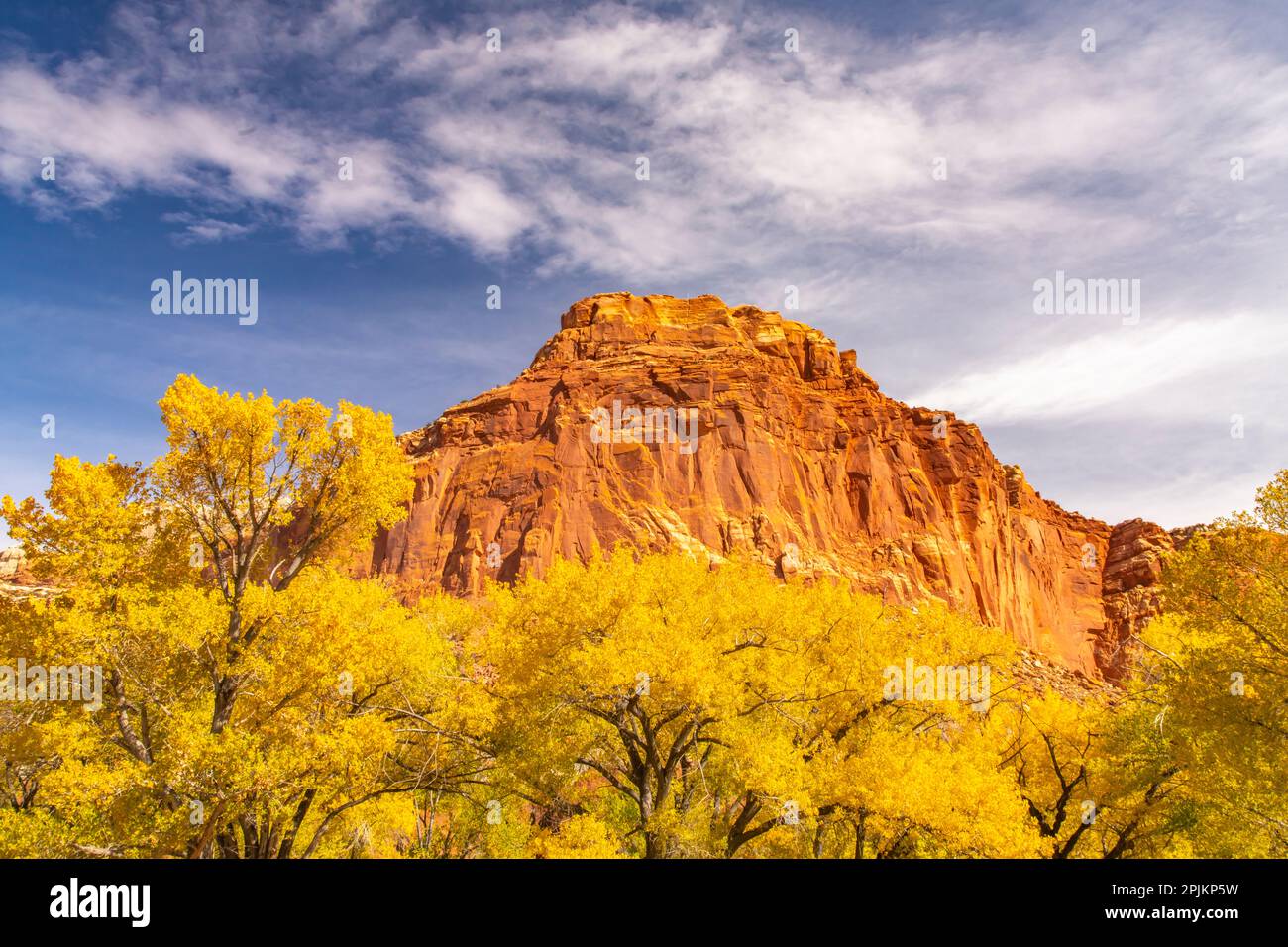 USA, Utah, Capitol Reef National Park. Red rock formation and fall ...
