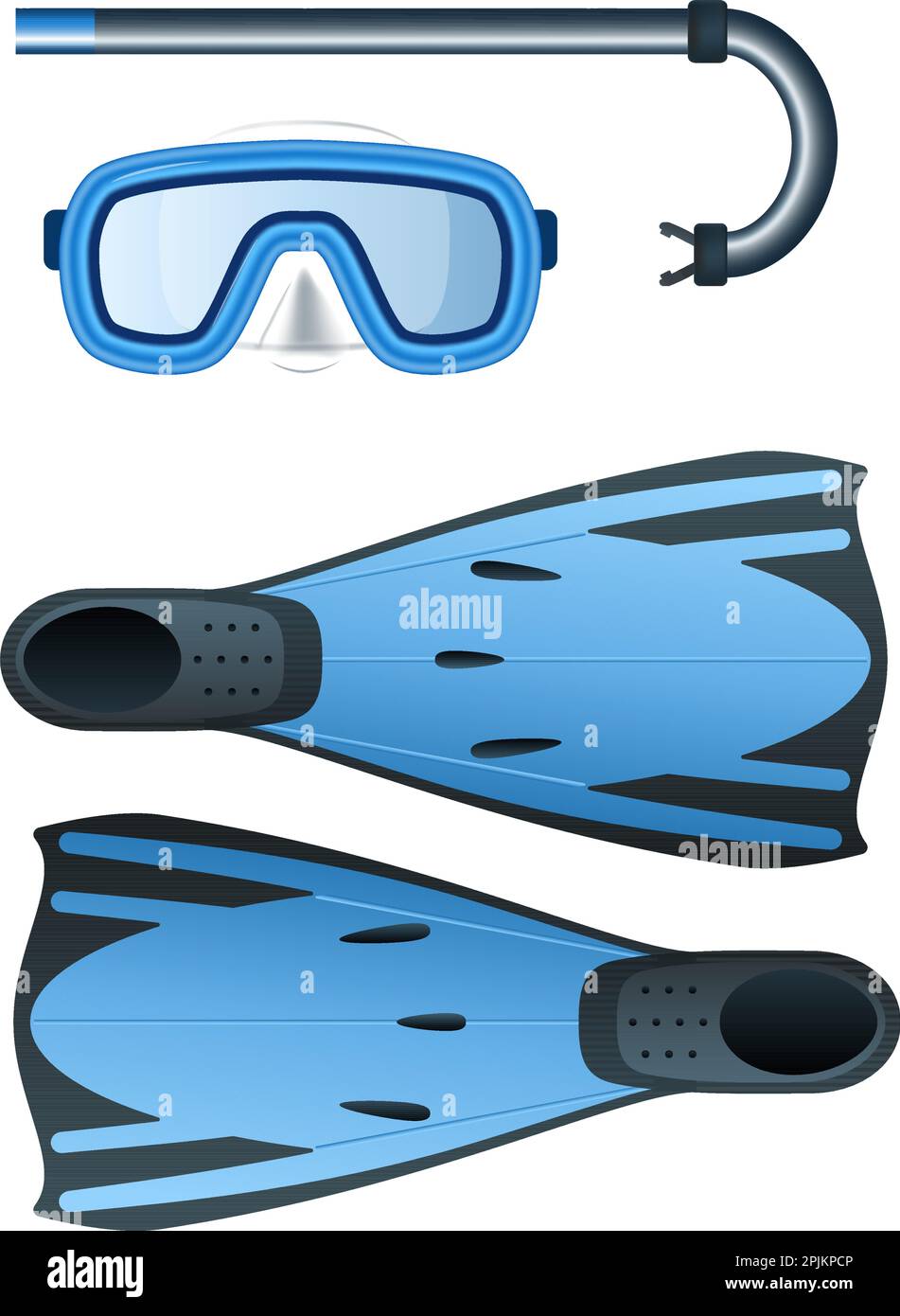 Diving blue colored kit with snorkel, mask and flippers. Vector ...