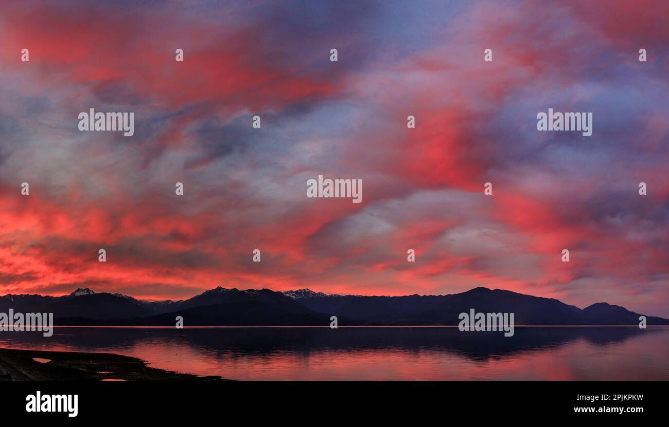 USA, Washington State, Seabeck. Panoramic of sunset on Olympic ...