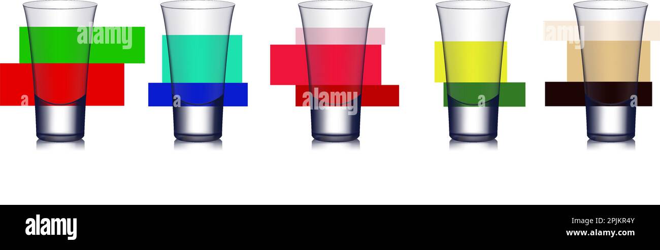 Five bright alcohol or non-alcohol shots with different tastes ...