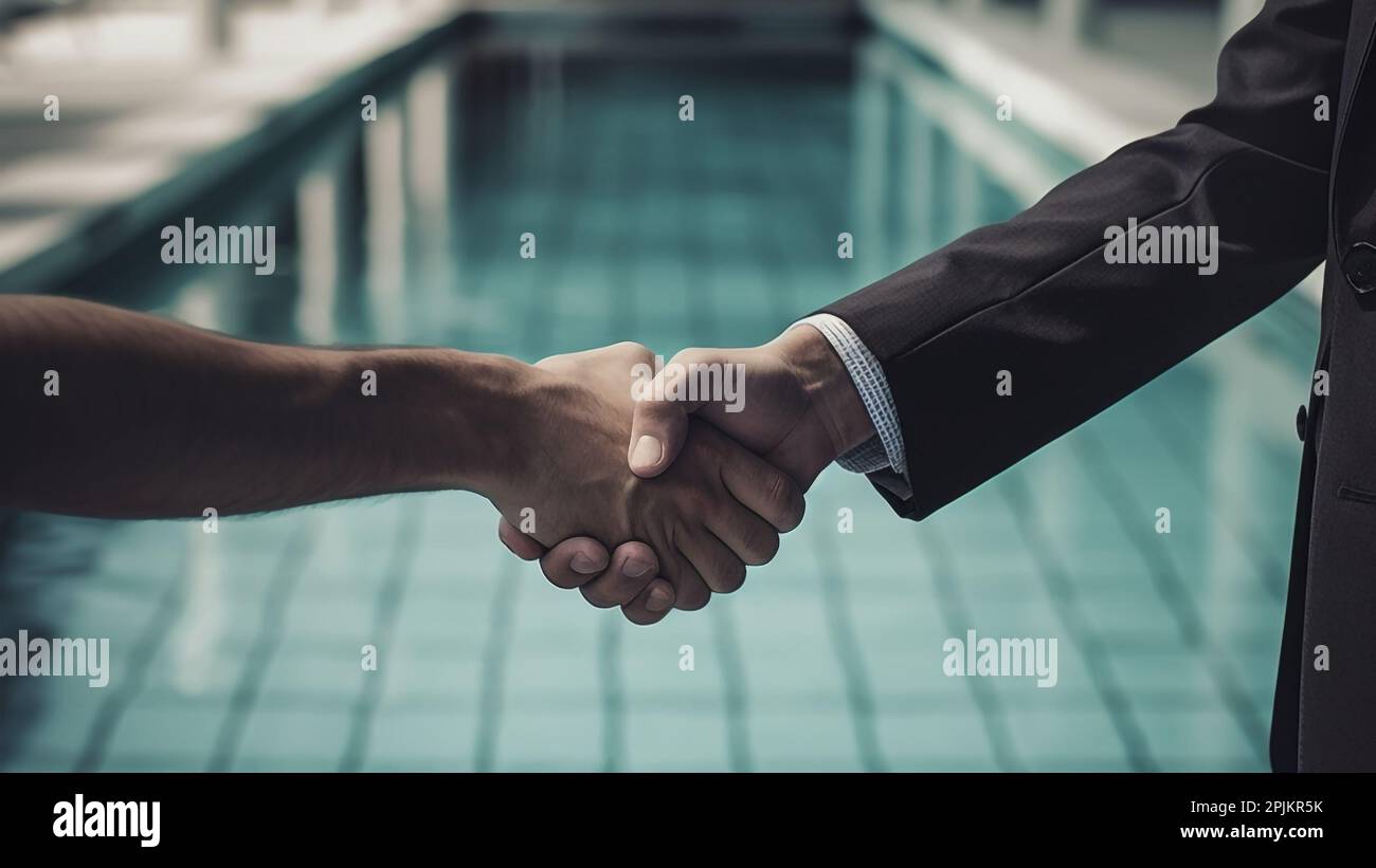 Realistic illustration of people shaking hands near residential pool ...