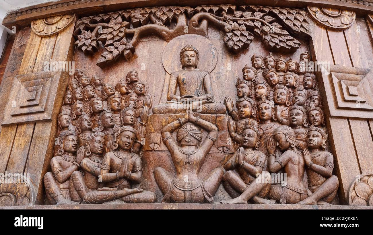 Carving of God Exhorting Buddha to Preach the Dharma on Buddha Peace ...