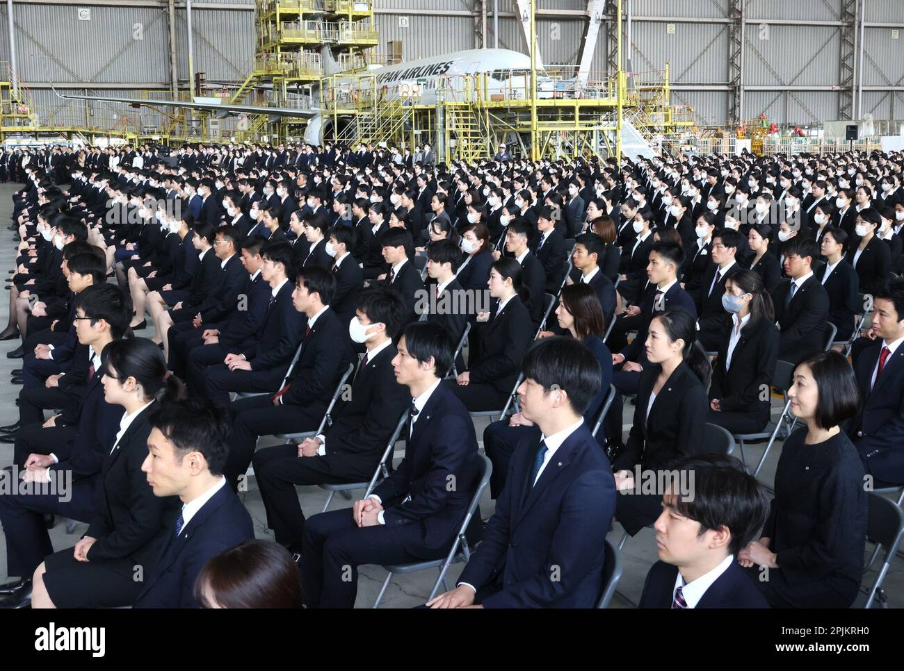 Tokyo, Japan. 3rd Apr, 2023. Newly hired Japan Airlines (JAL) employees ...