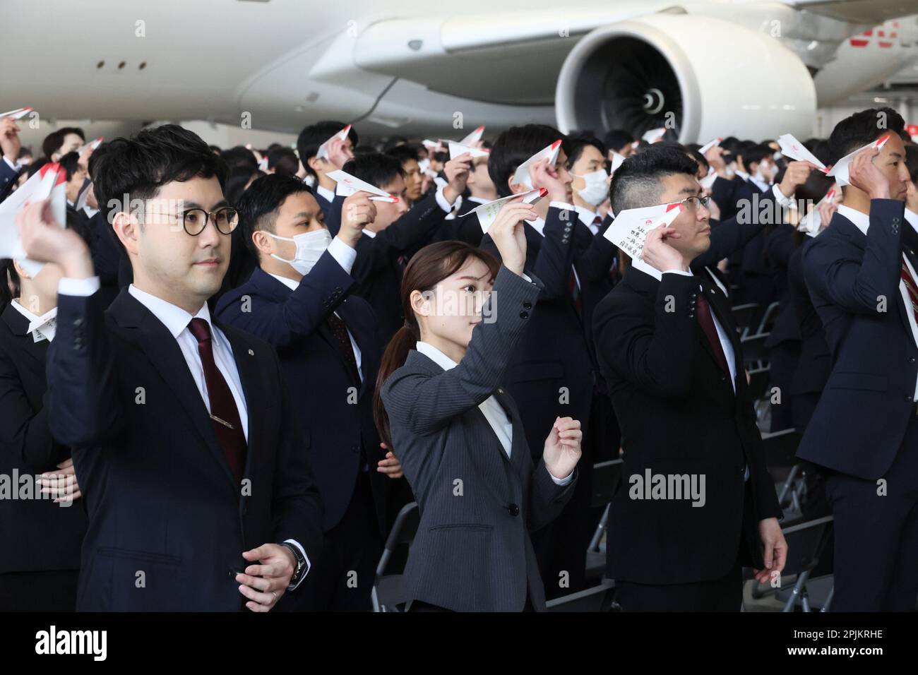 Tokyo, Japan. 3rd Apr, 2023. Newly hired Japan Airlines (JAL) employees ...