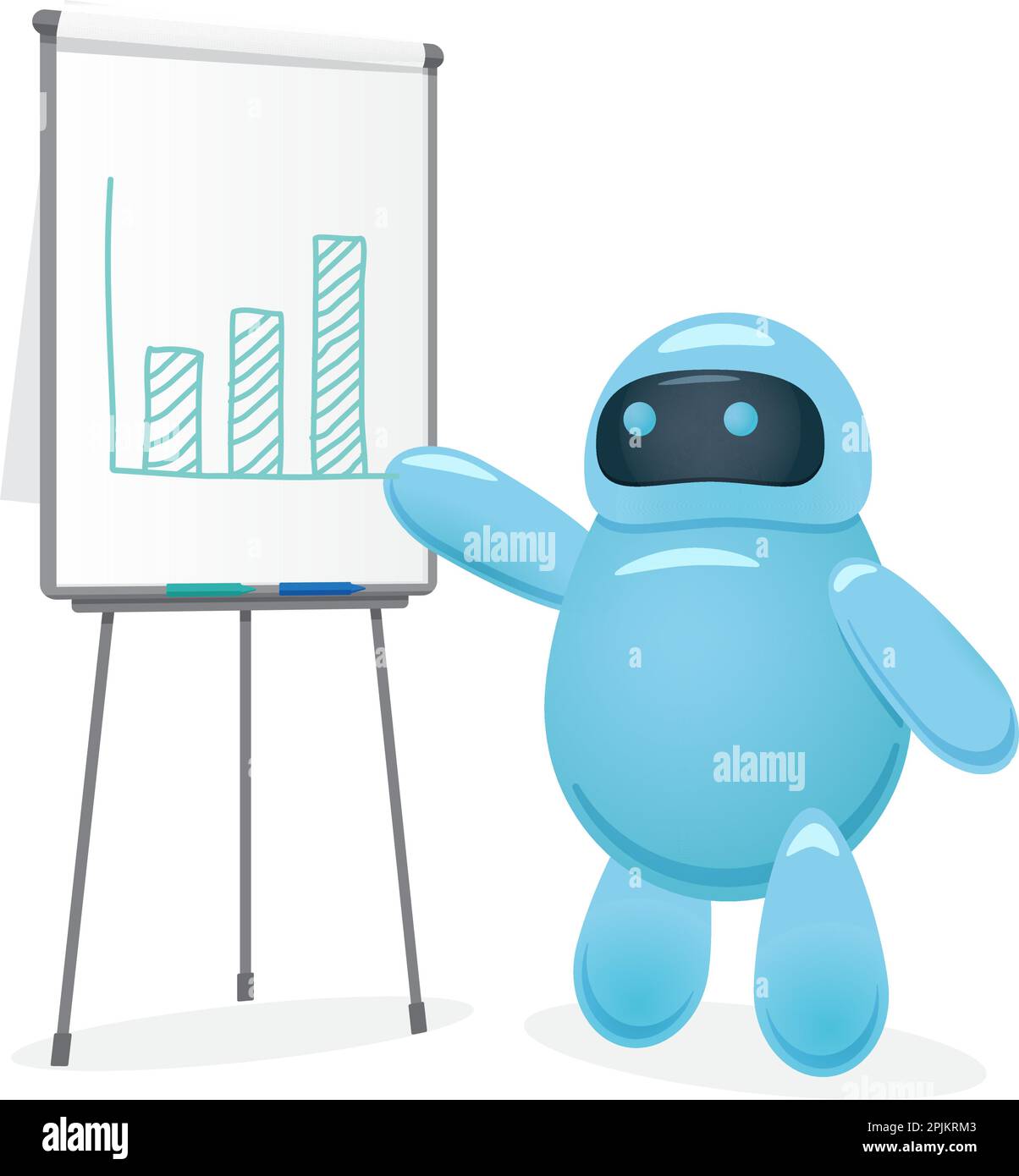 Cute cartoon robot drawing bar chart and makes a presentation how ai helped business to increase ...