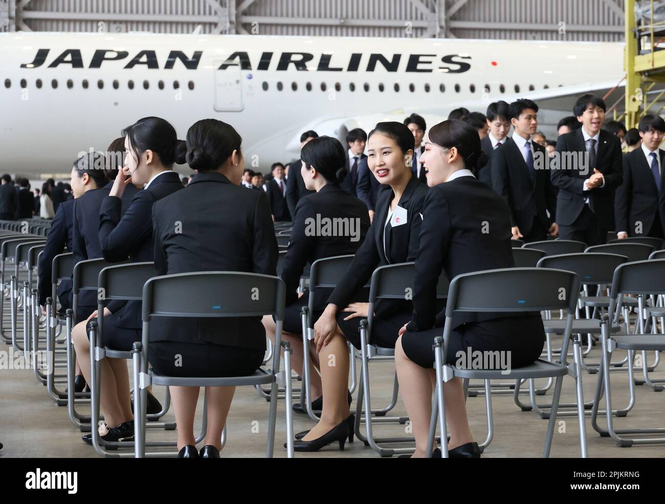 Tokyo, Japan. 3rd Apr, 2023. Newly hired Japan Airlines (JAL) employees ...