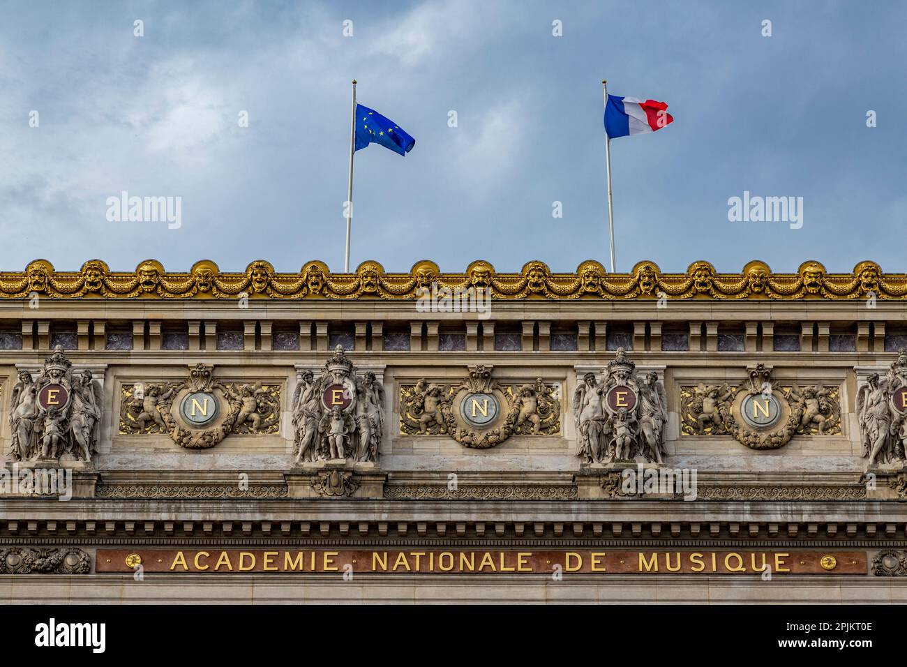 Paris. Opera Garnier, Paris Opera House facade. EU flag, French flag ...