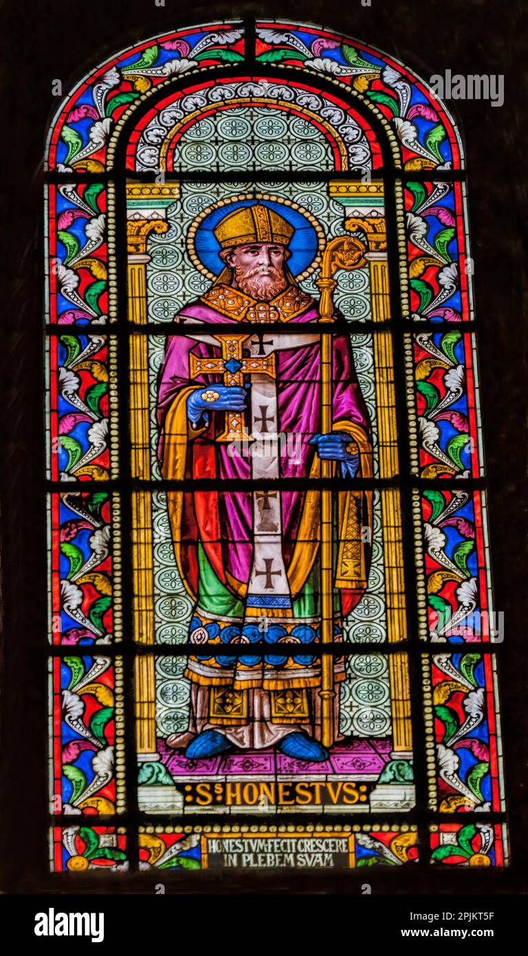 Saint Honestus stained glass, Nimes Cathedral, Gard, France. Church ...