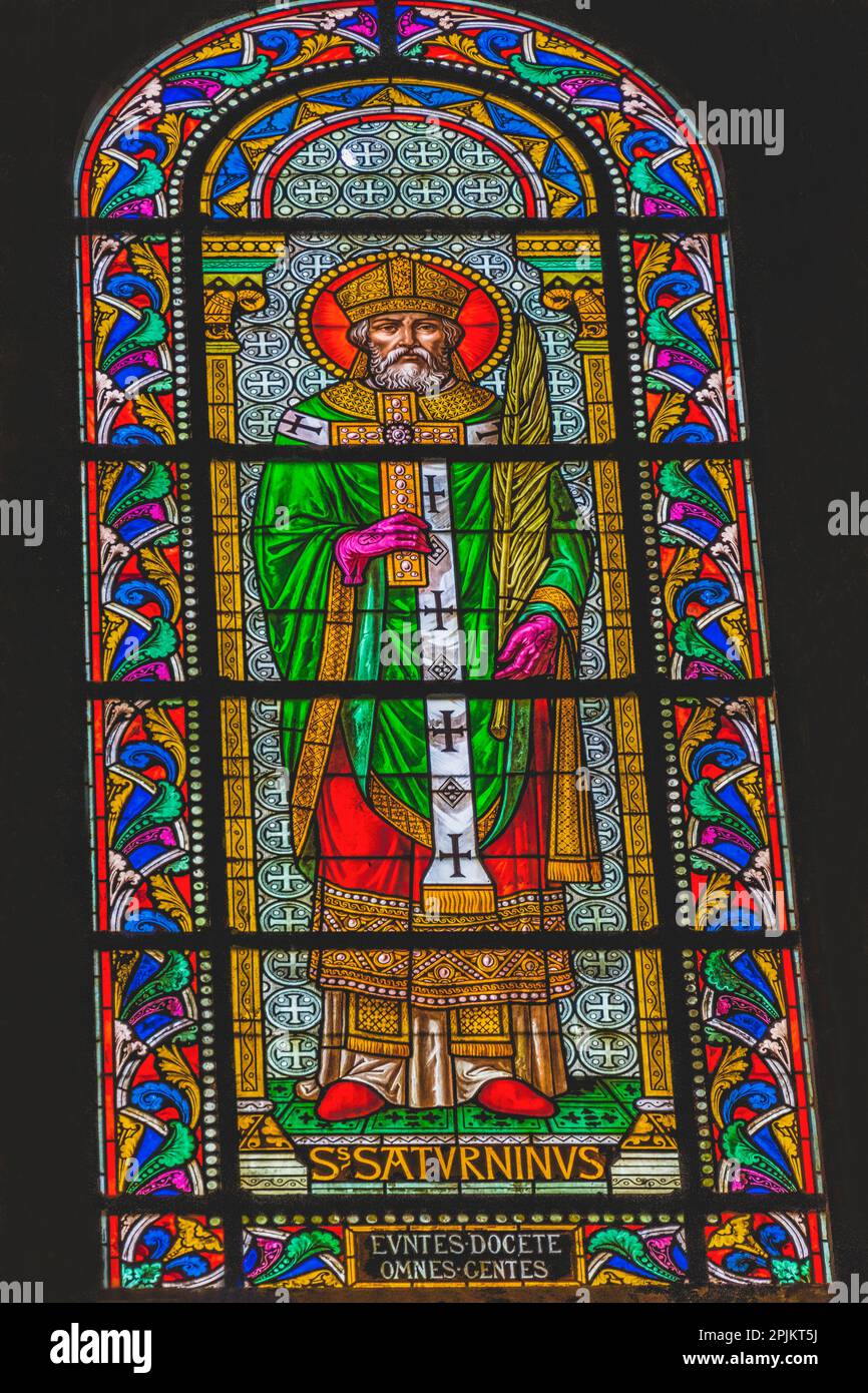 Saint Saturninus stained glass, Nimes Cathedral, Gard, France. Church ...
