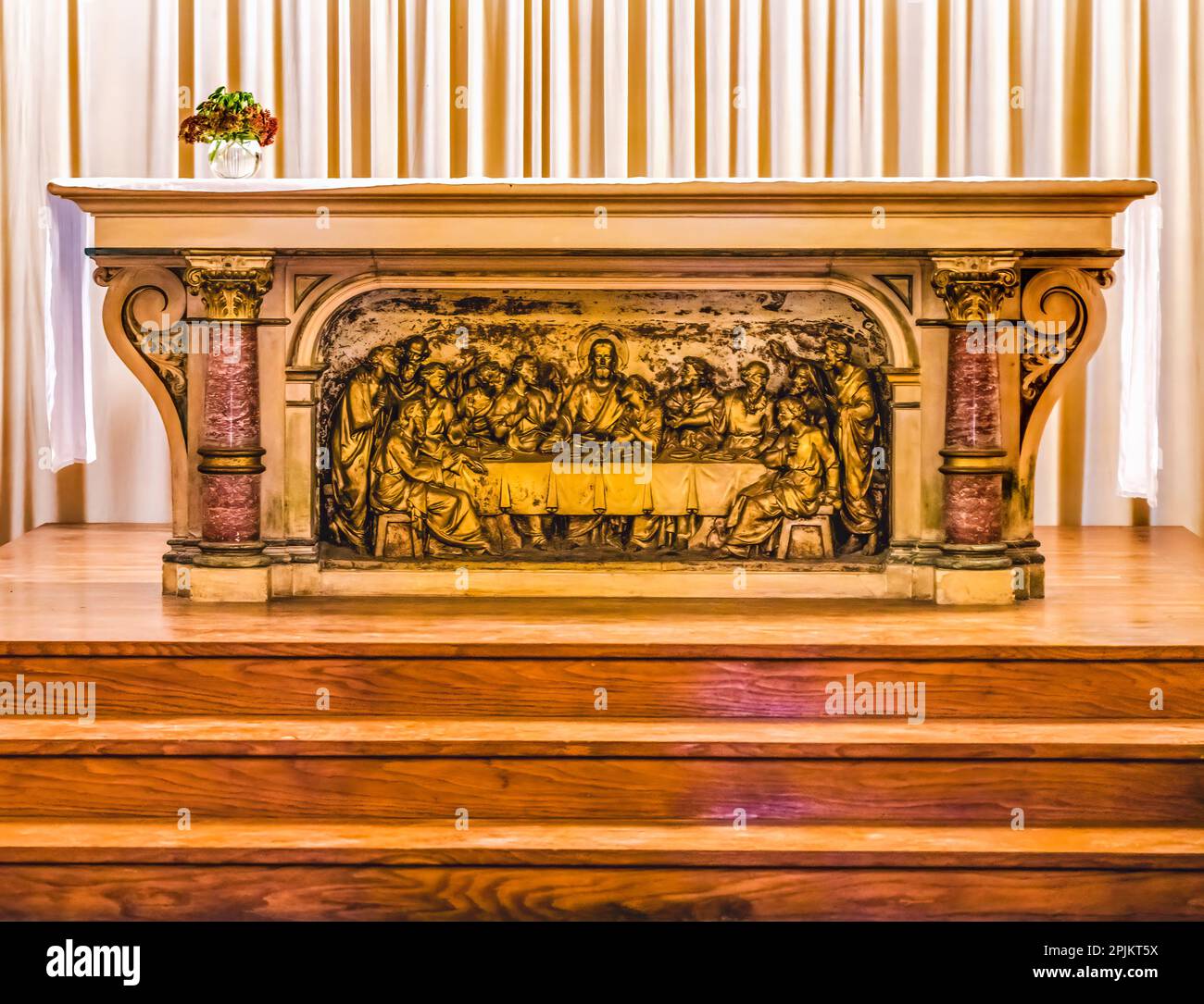 Last Supper bronze and wooden altar, Saint Laurent Church, Longues-sur-Mer, Normandy, France ...