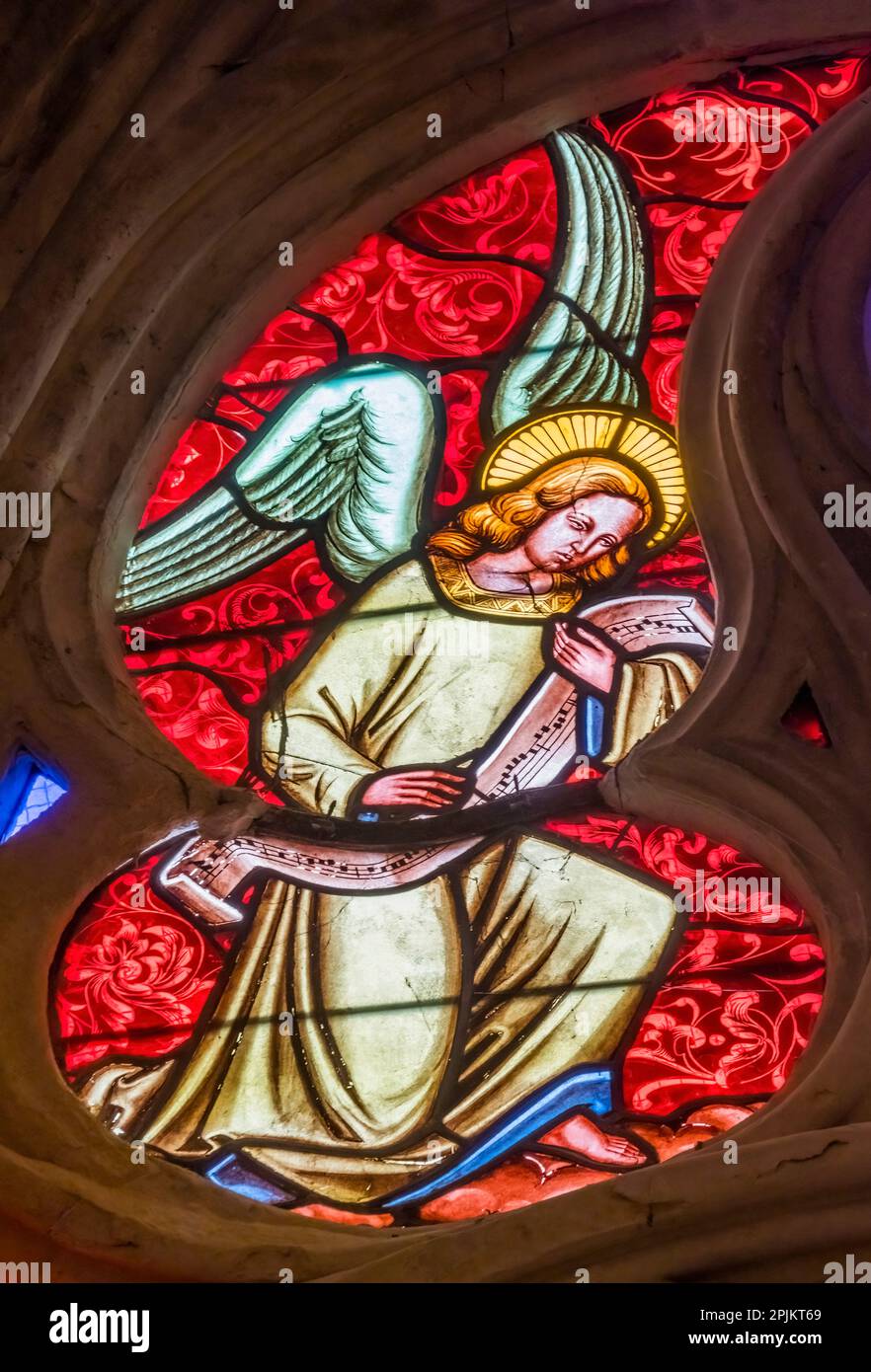 Colorful angel praying stained glass, Bayeux Cathedral, Bayeux ...