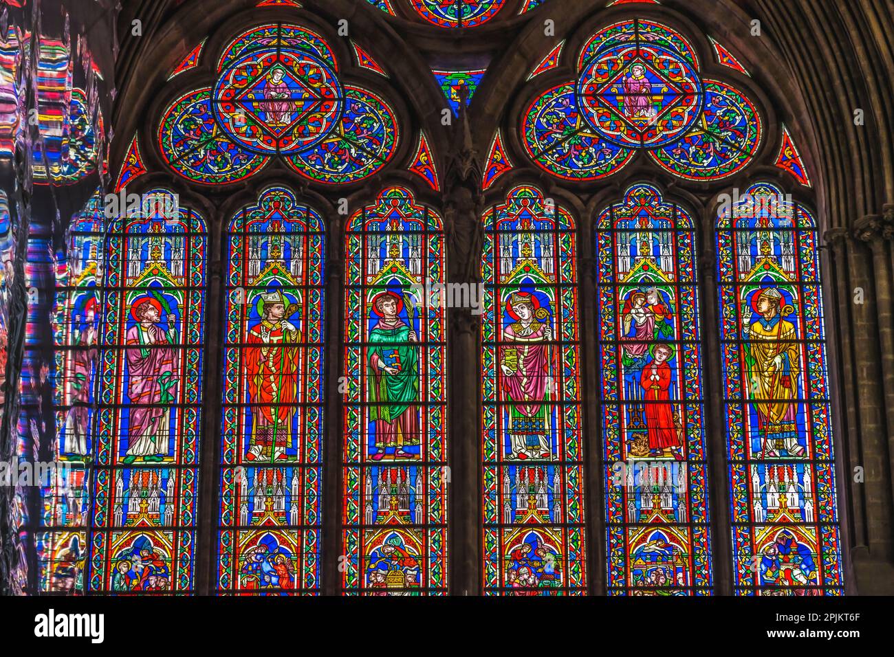 Colorful Saints Bishops stained glass reflection, Bayeux Cathedral ...