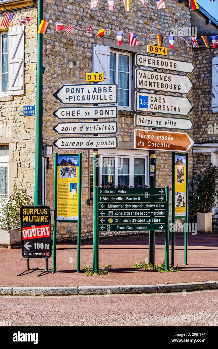 Street sign, St. Marie Eglise, Normandy, France. Paratroopers landed on ...