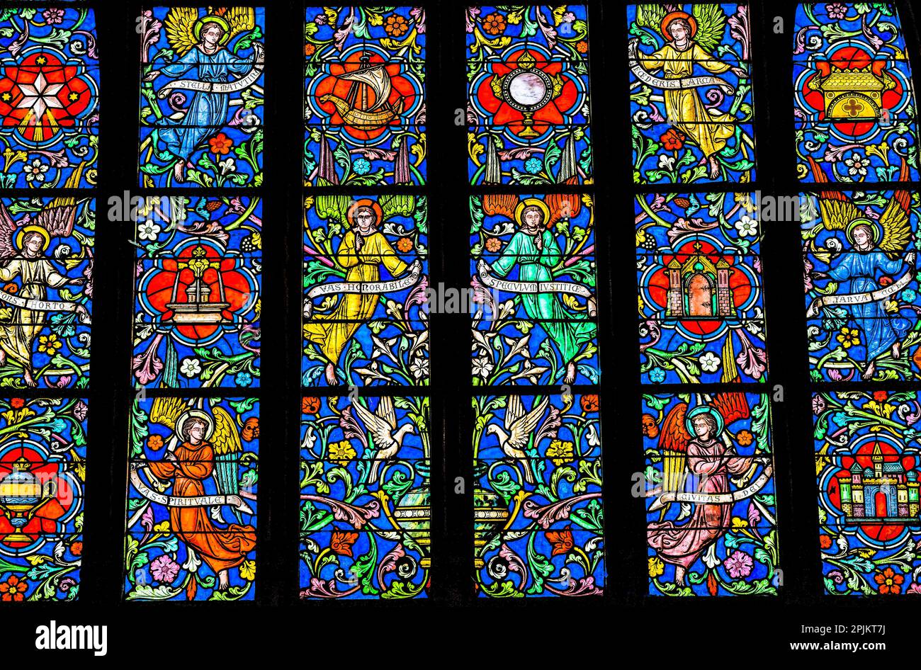 Colorful angels stained glass, Sainte-Marie-du-Mont, Normandy, France ...