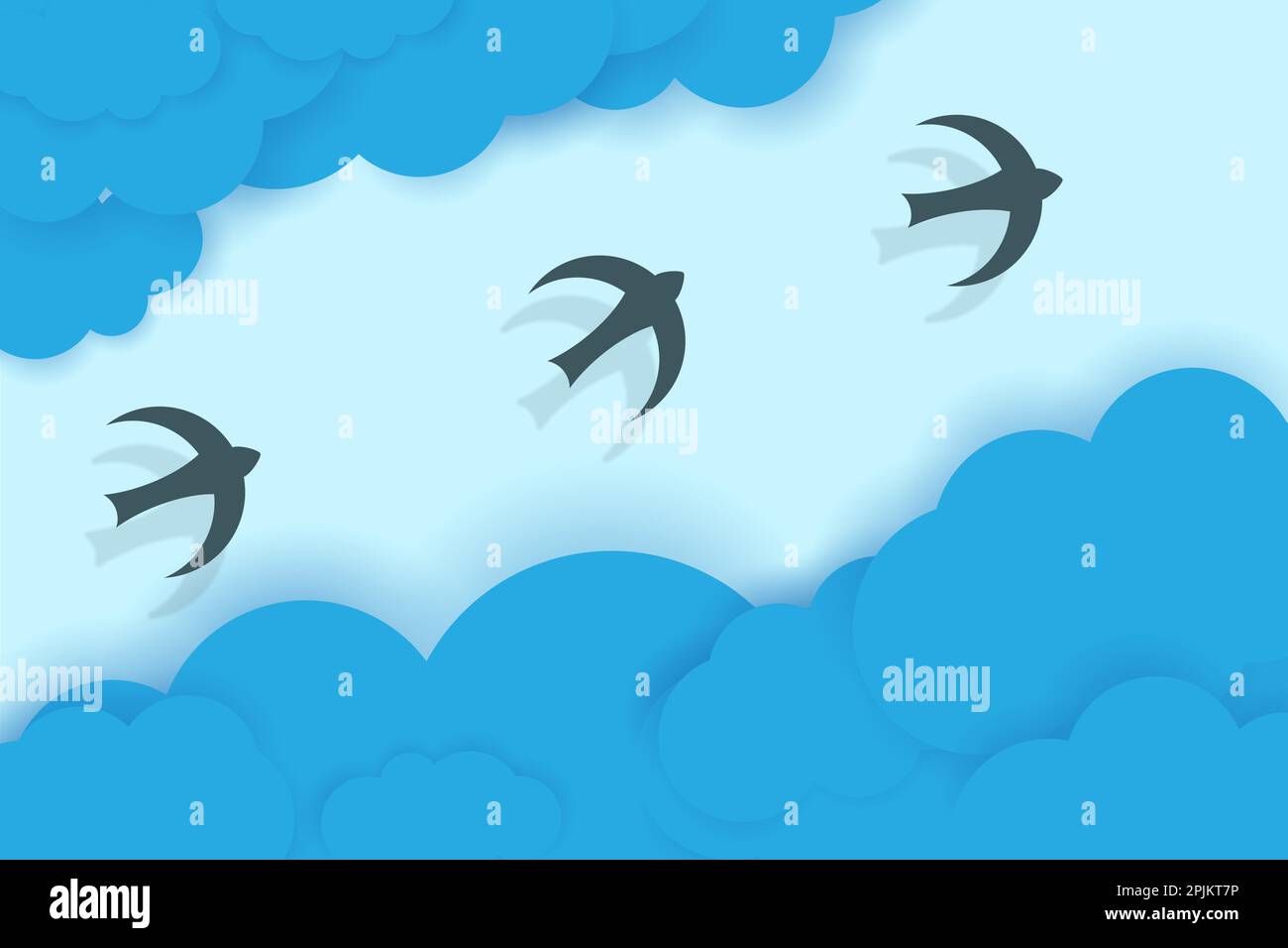 Three birds flying between blue clouds. Paper cut style vector ...