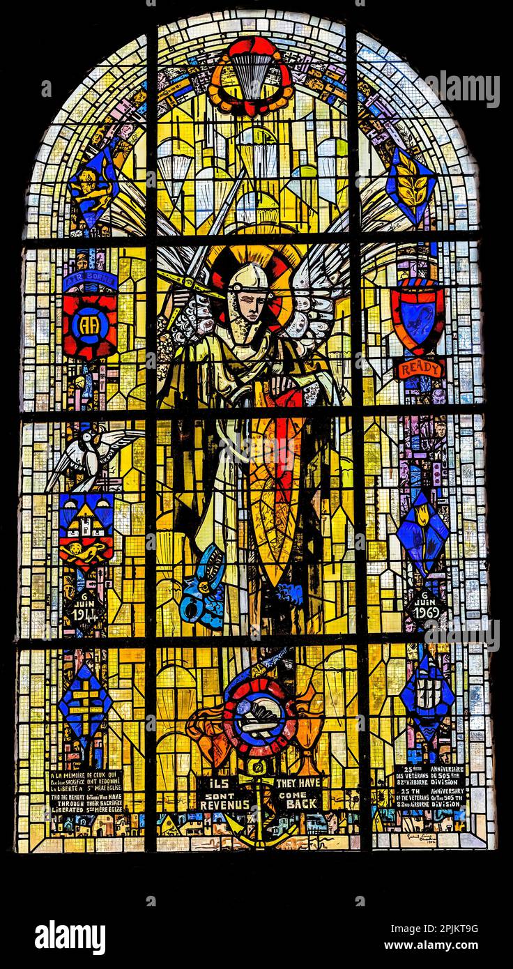 Saint Michael stained glass, Sainte-Mere-Eglise, Normandy, France. Site ...