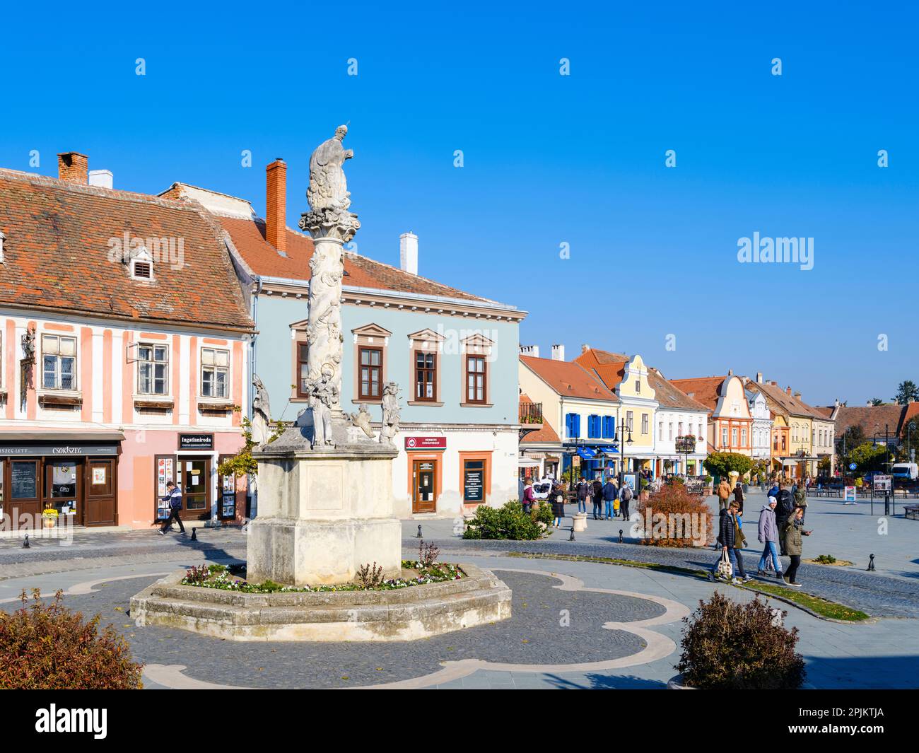 Plague column also called holy trinity column. Medieval town Koszeg in ...