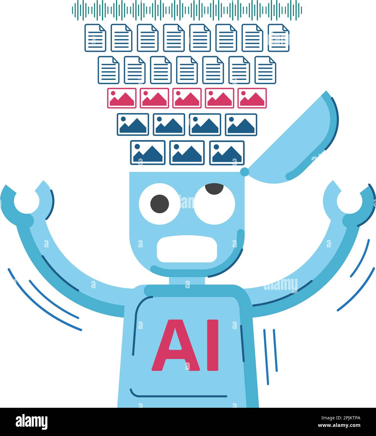 Funny illustration of machine learning process. AI robot gets flow of ... Funny illustration of machine learning process. AI robot gets flow of ...