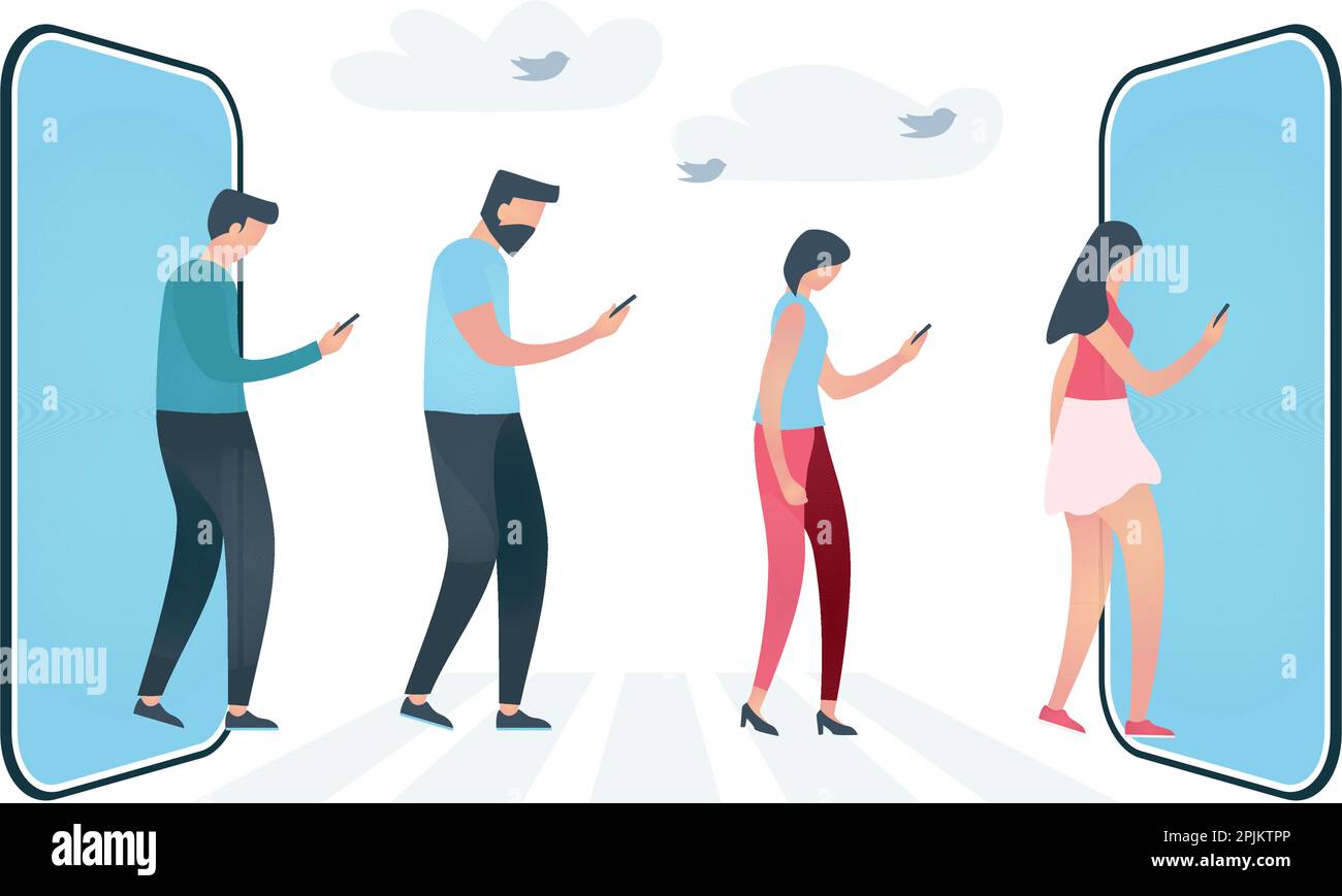 Group of four people that follow each other and looking at phones ...