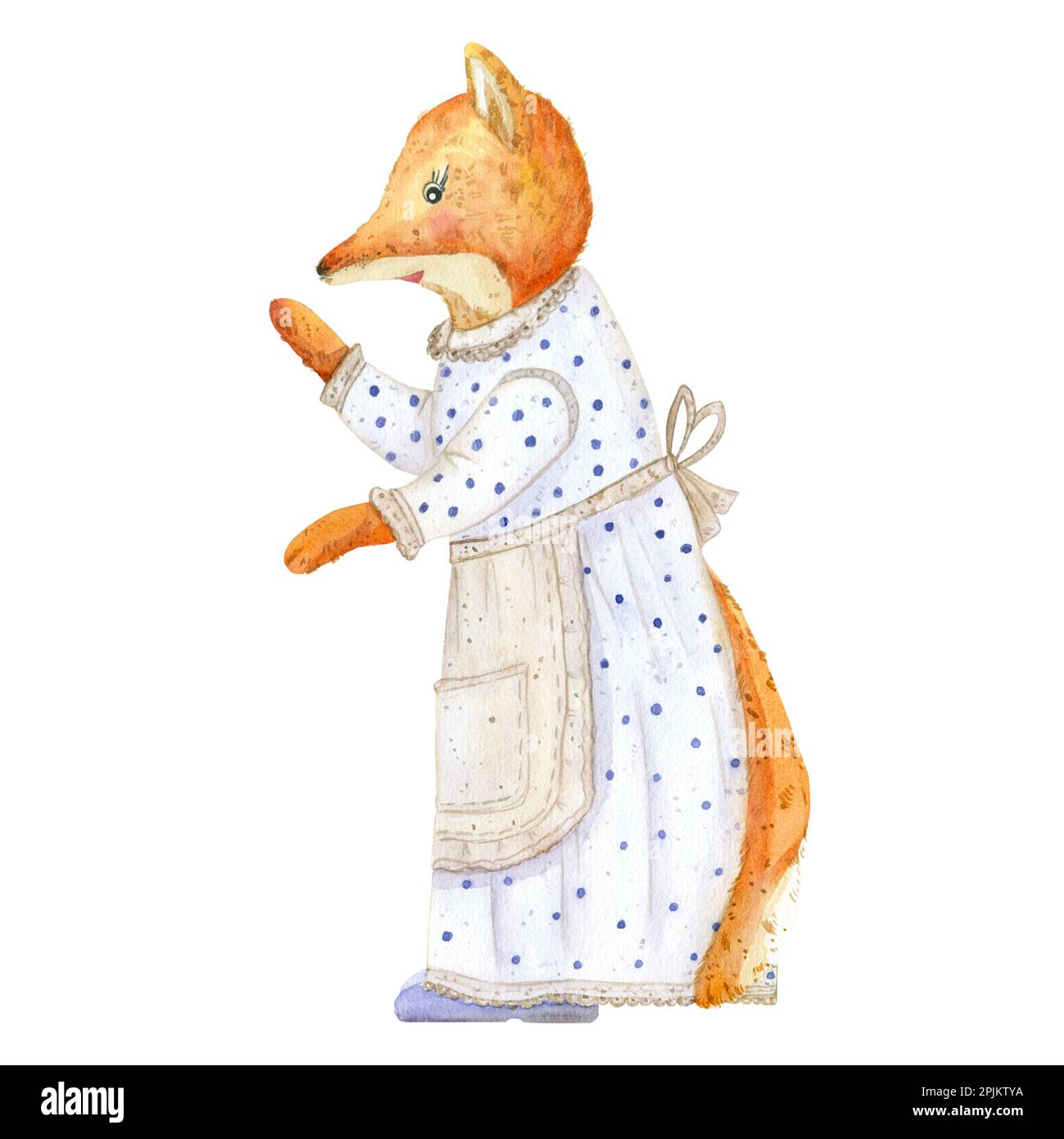 Watercolor illustration of a fox dressed in a dress with blue polka ...
