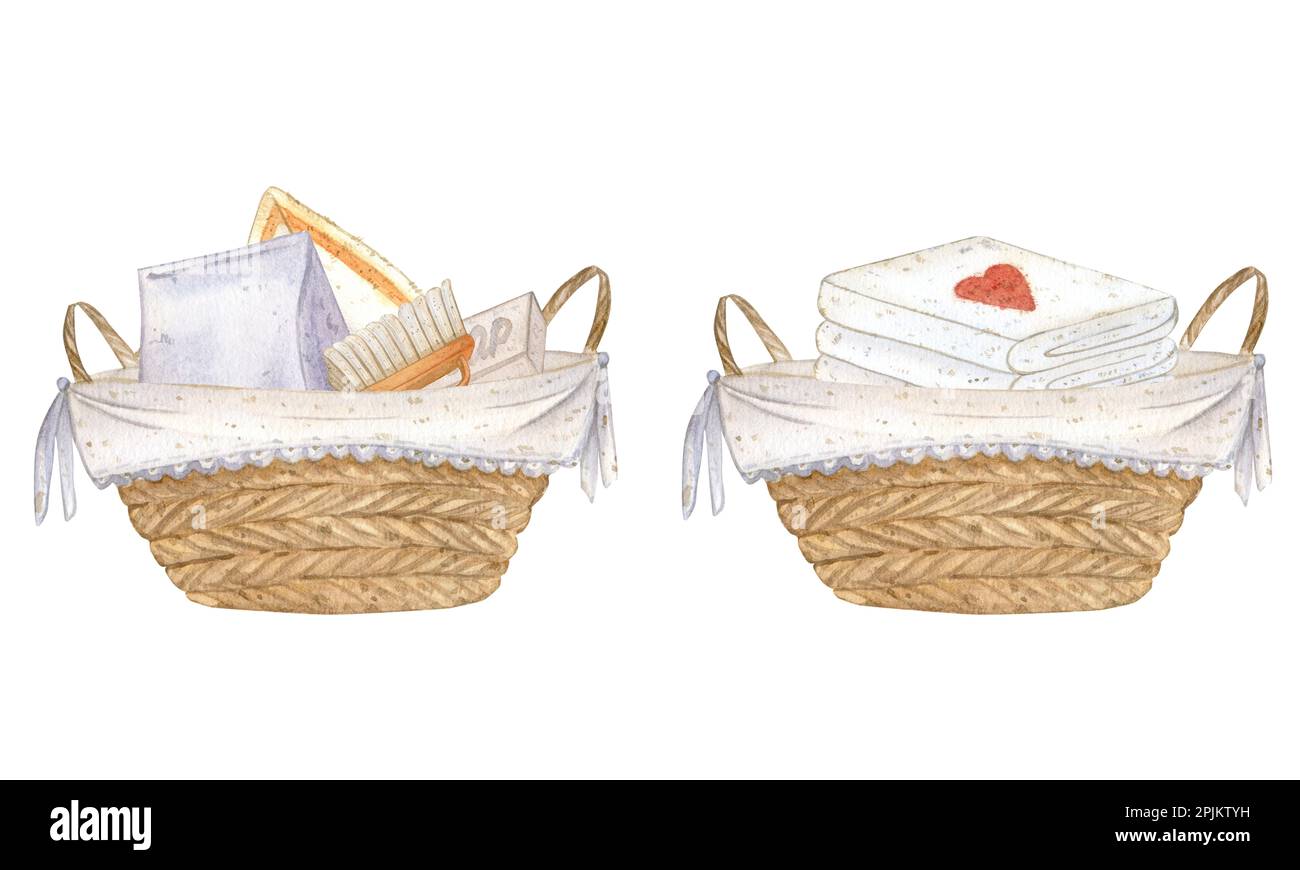 A set of two baskets with cleaning products, soap, powder and clean ...