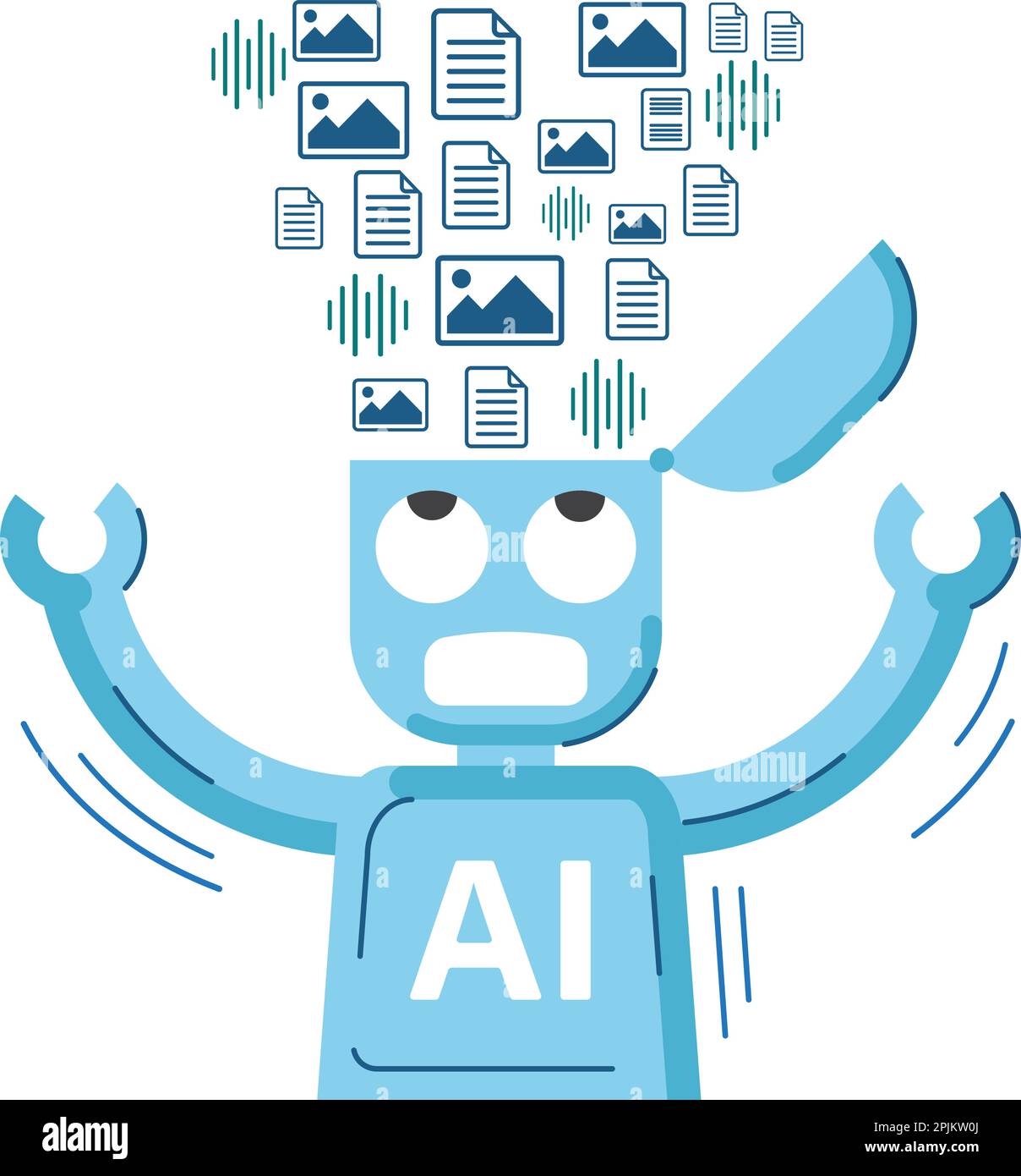 Funny illustration of machine learning process. AI robot gets flow of ... Funny illustration of machine learning process. AI robot gets flow of ...