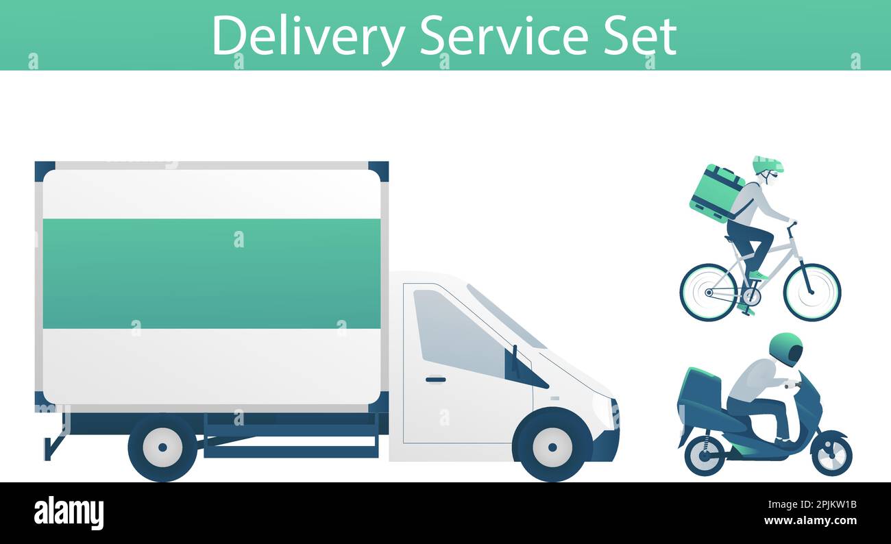 Set of vehicles for fast express delivery service - lorry, scooter and ...