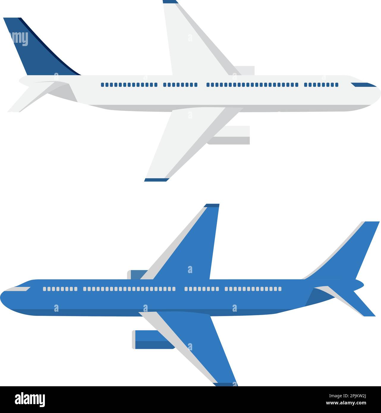 Two passenger airplanes with blue and white colors on white isolated ...