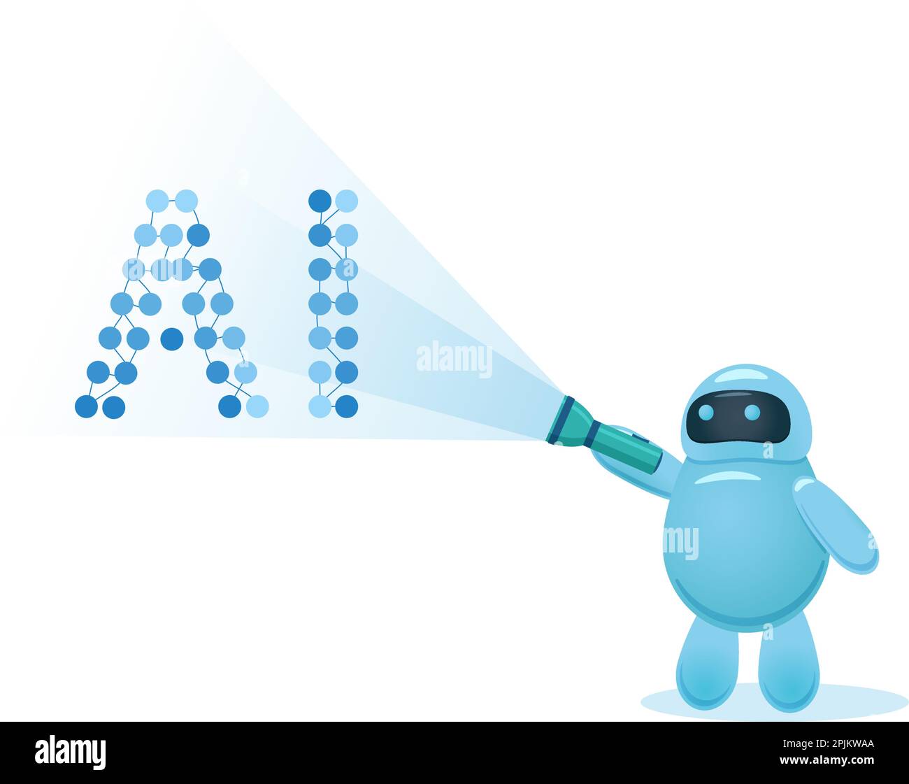 Cute cartoon robot holding a flashlight and showing at AI letters ...
