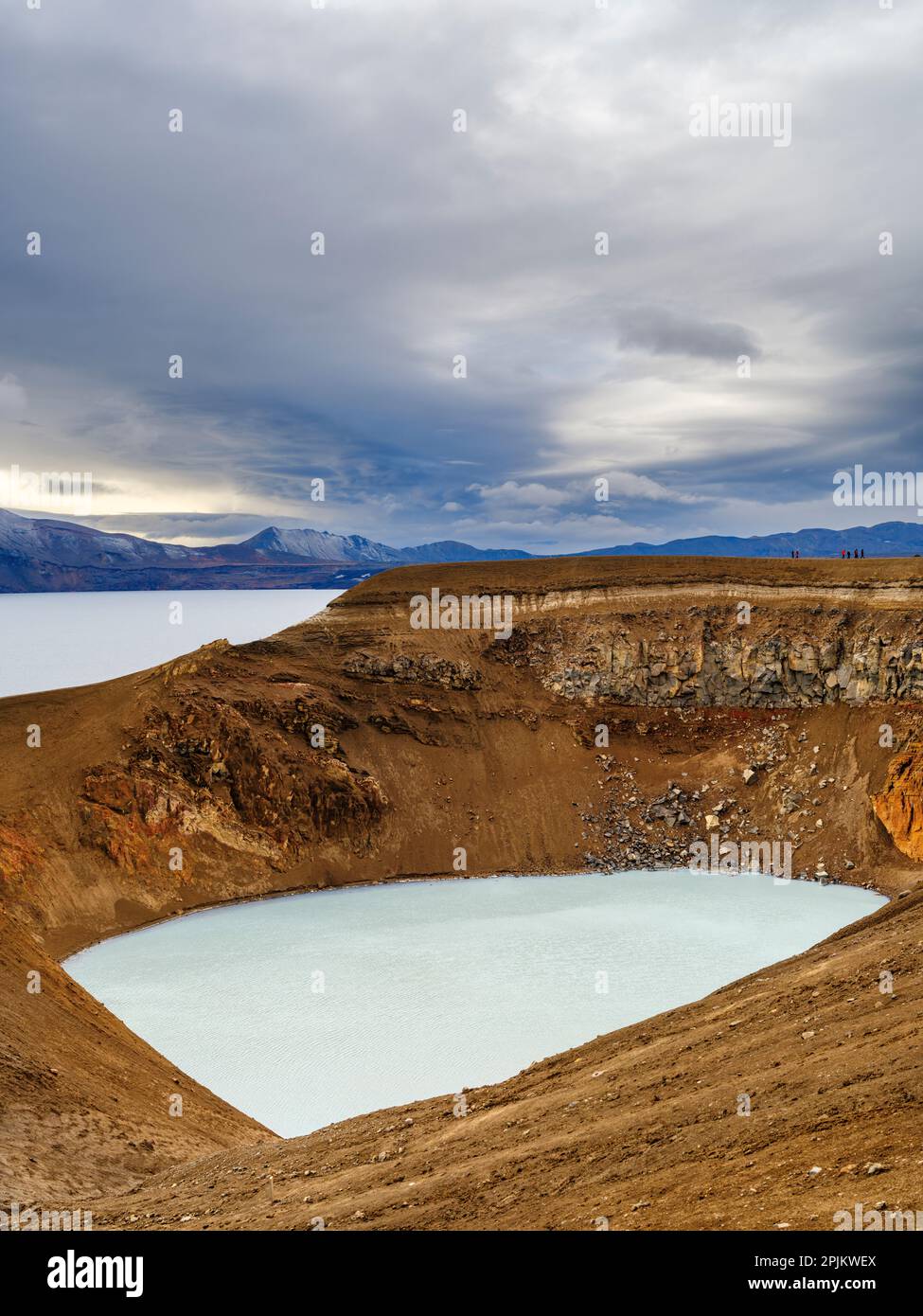 The small volcanic lake called Viti in volcano Askja. Lake Oskjuvatn in ...