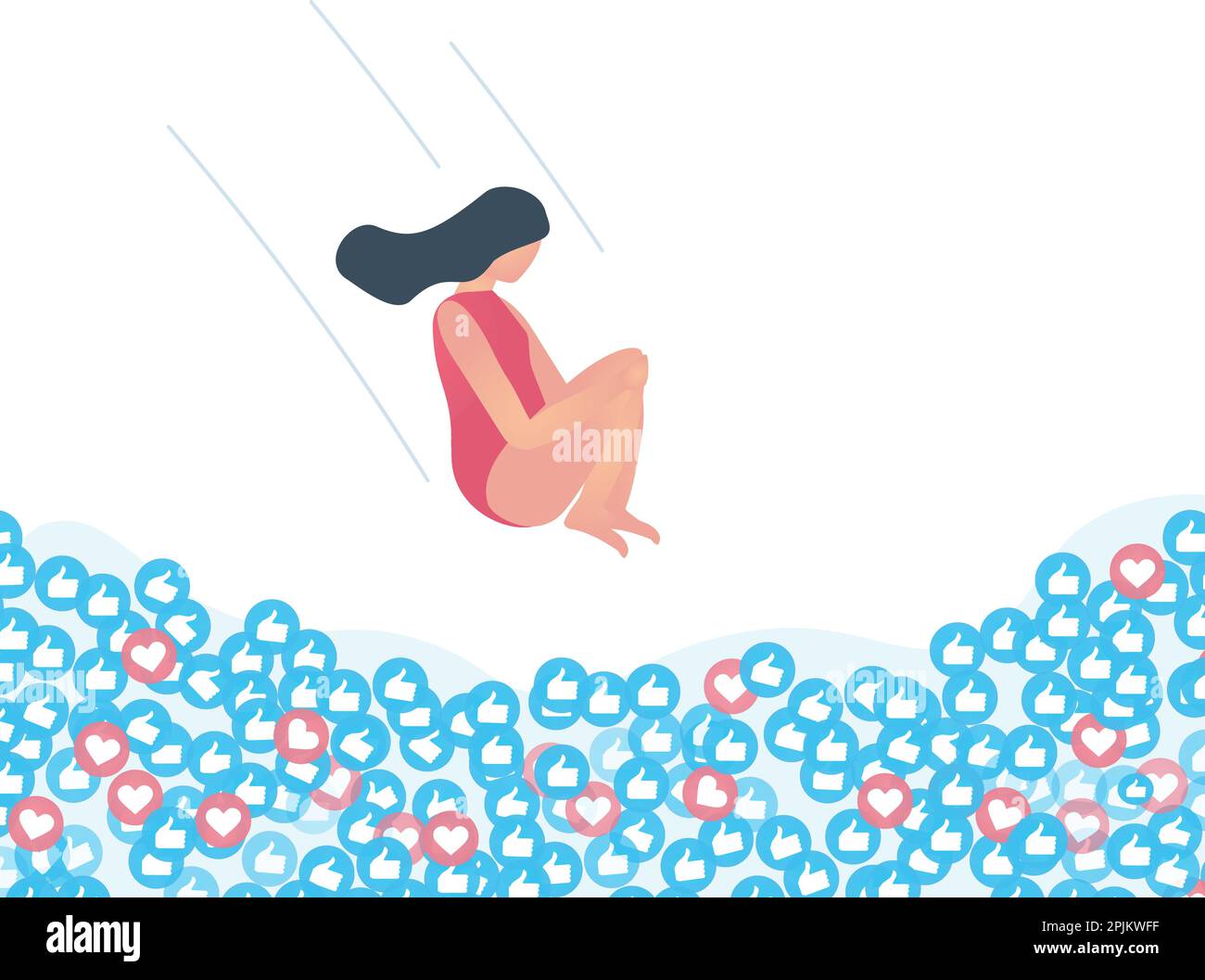 Illustration of blogger jumping into the pull full of likes. Social ...