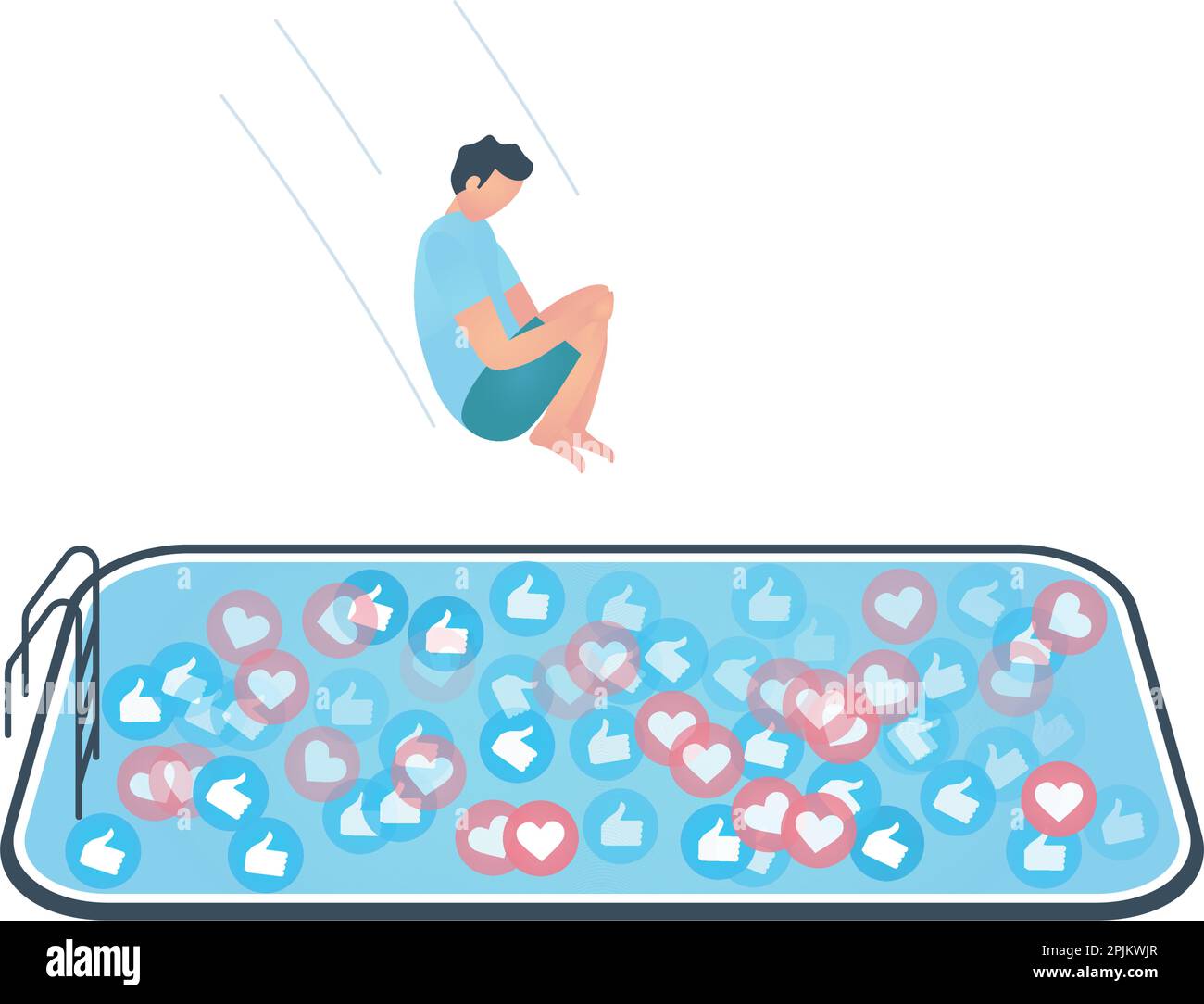 Illustration of blogger jumping into the pull full of likes. Social ...