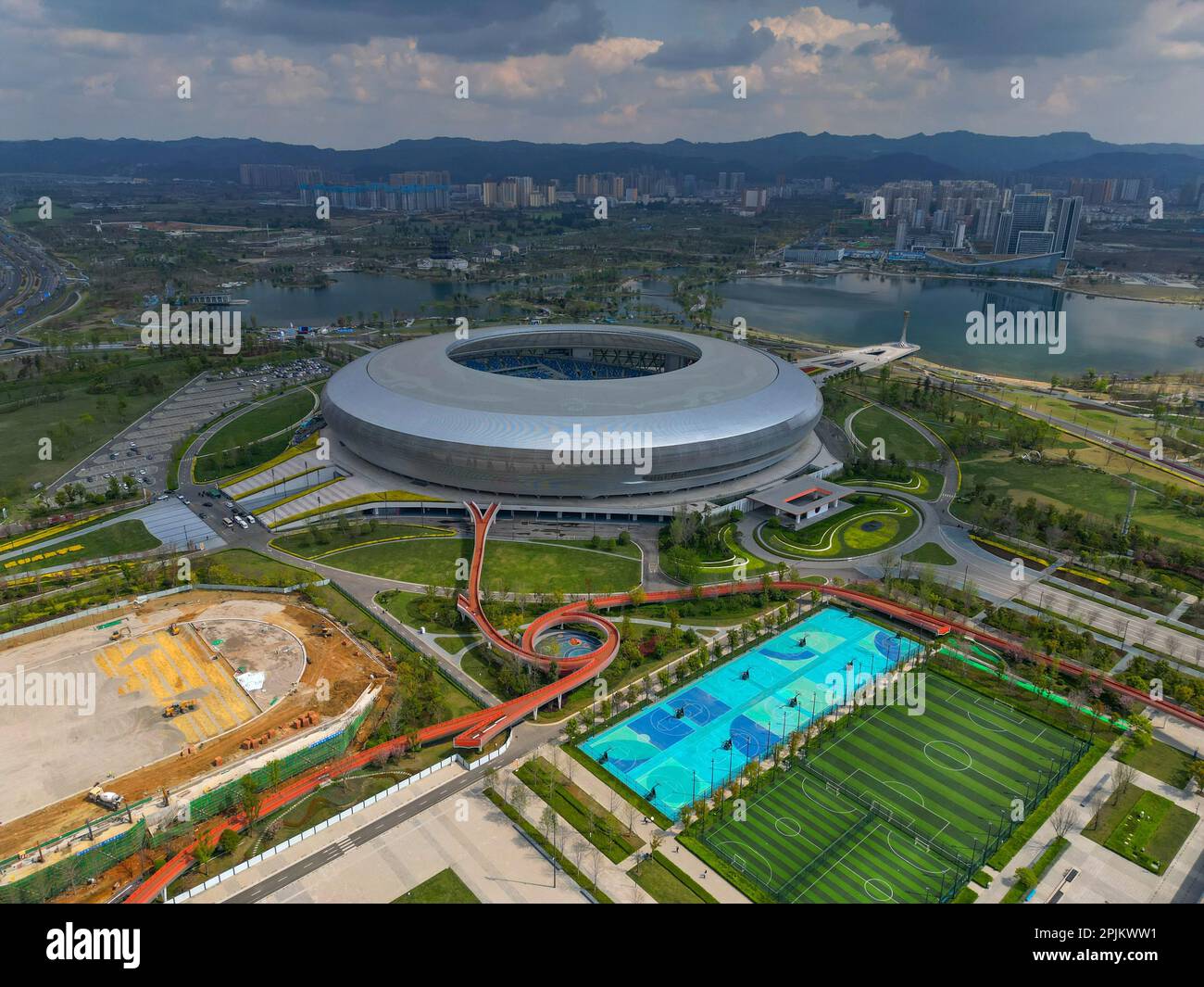 Aerial photo shows the stadium and gymnasiums for the 31st Summer World ...