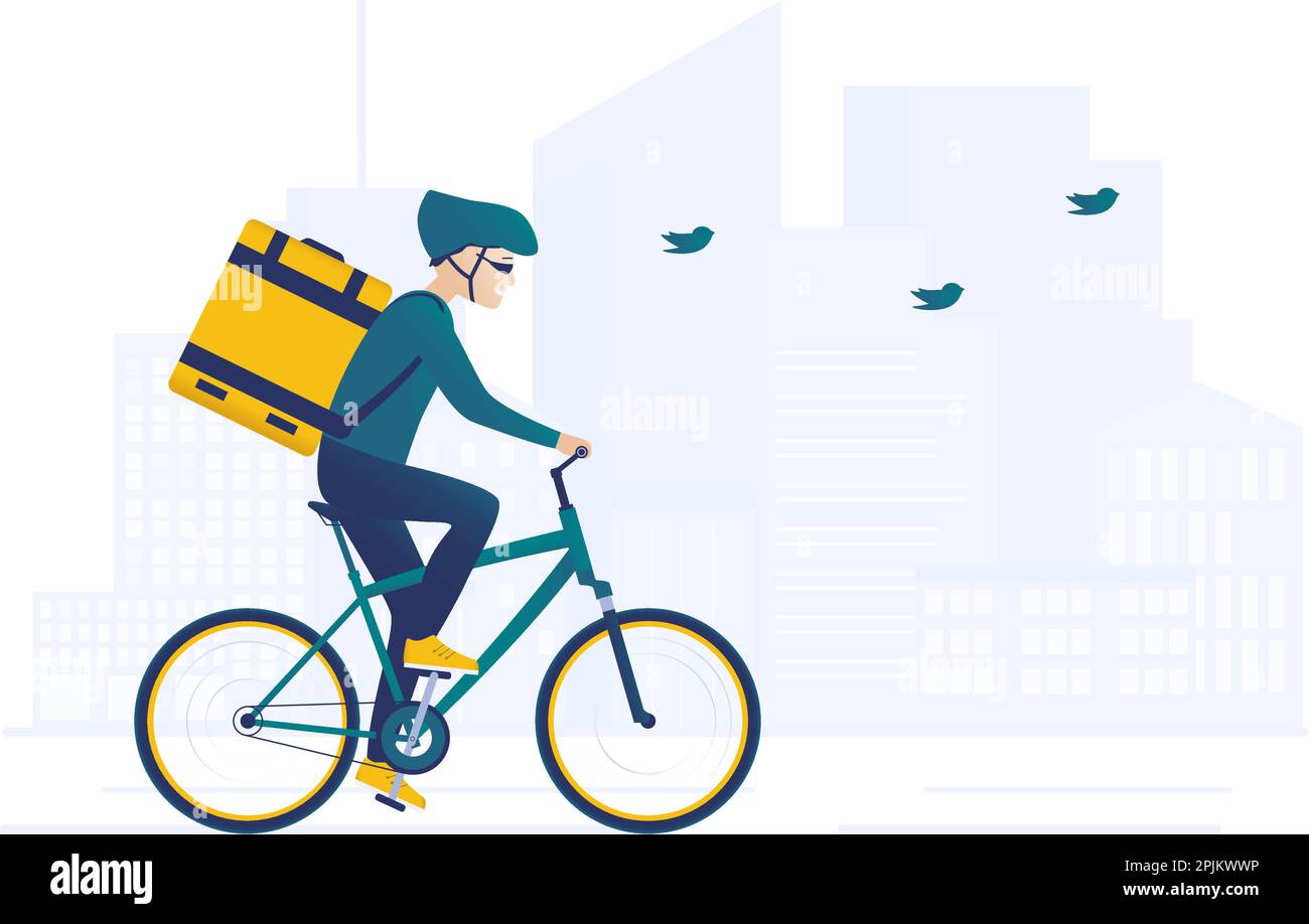 Food bicycle delivery courier. Man carries parcel box on the back. Fast ...