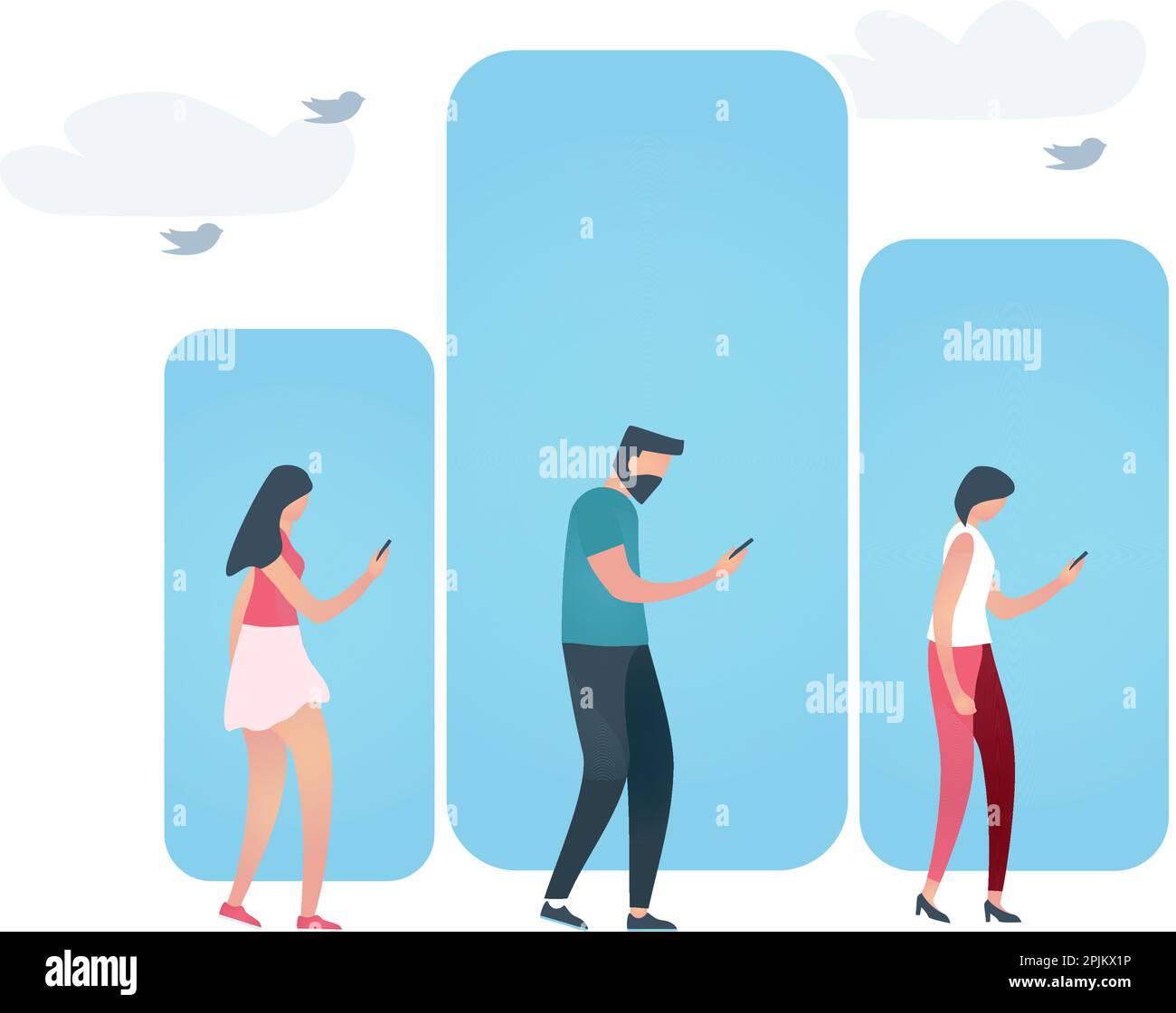 Group of three people that follow each other and looking at phones ...