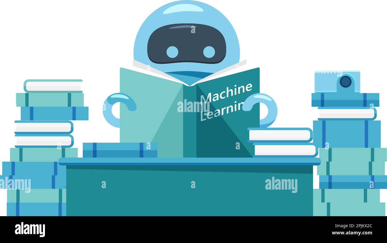 Robot Or Bot Reading Machine Learning Book And Sitting At The Table Artificial Intelligence