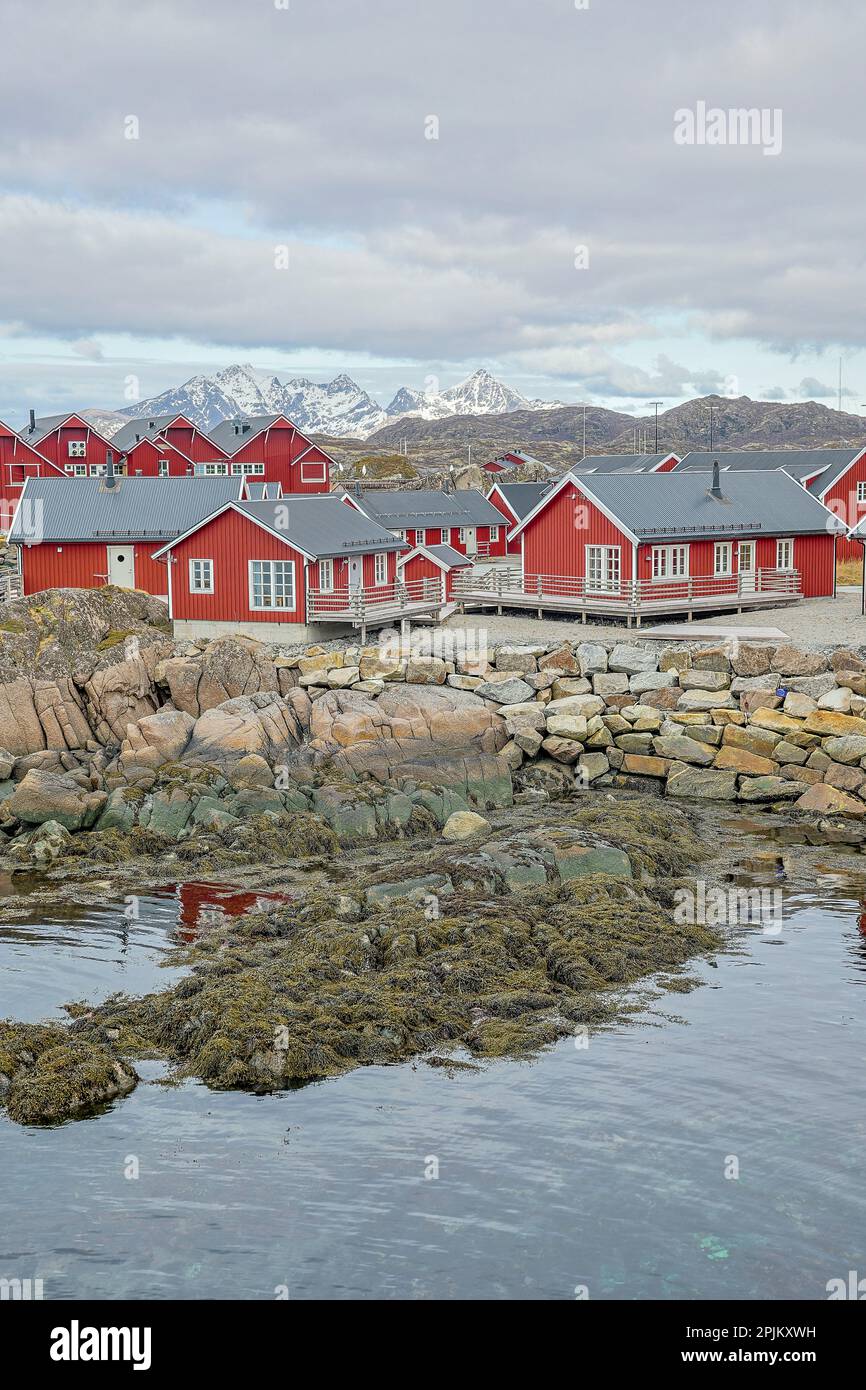 Norway, Lofoten Islands. Rorbuer in Mortsund near Mount Himmeltindan ...