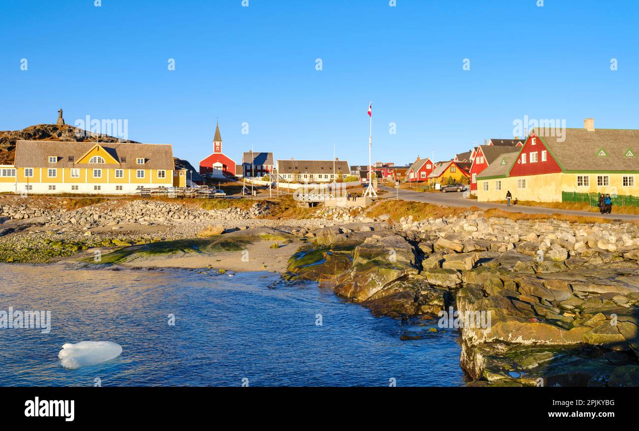 View over the old colonial harbor and the old town. Nuuk the capital of ...