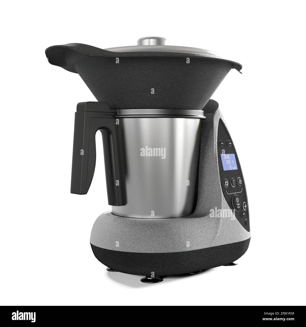 A 3d rendering of a black and silver kitchen stand mixer on a plain ...